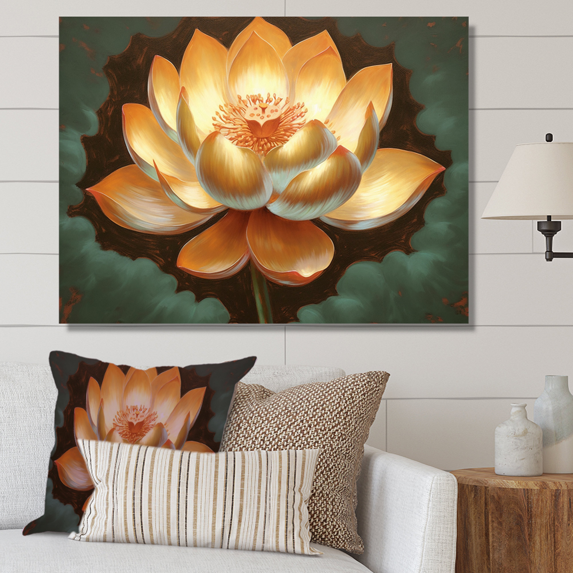 Bungalow Rose Golden Blooming Retro Lotus - Lotus Wall Art Living Room ...