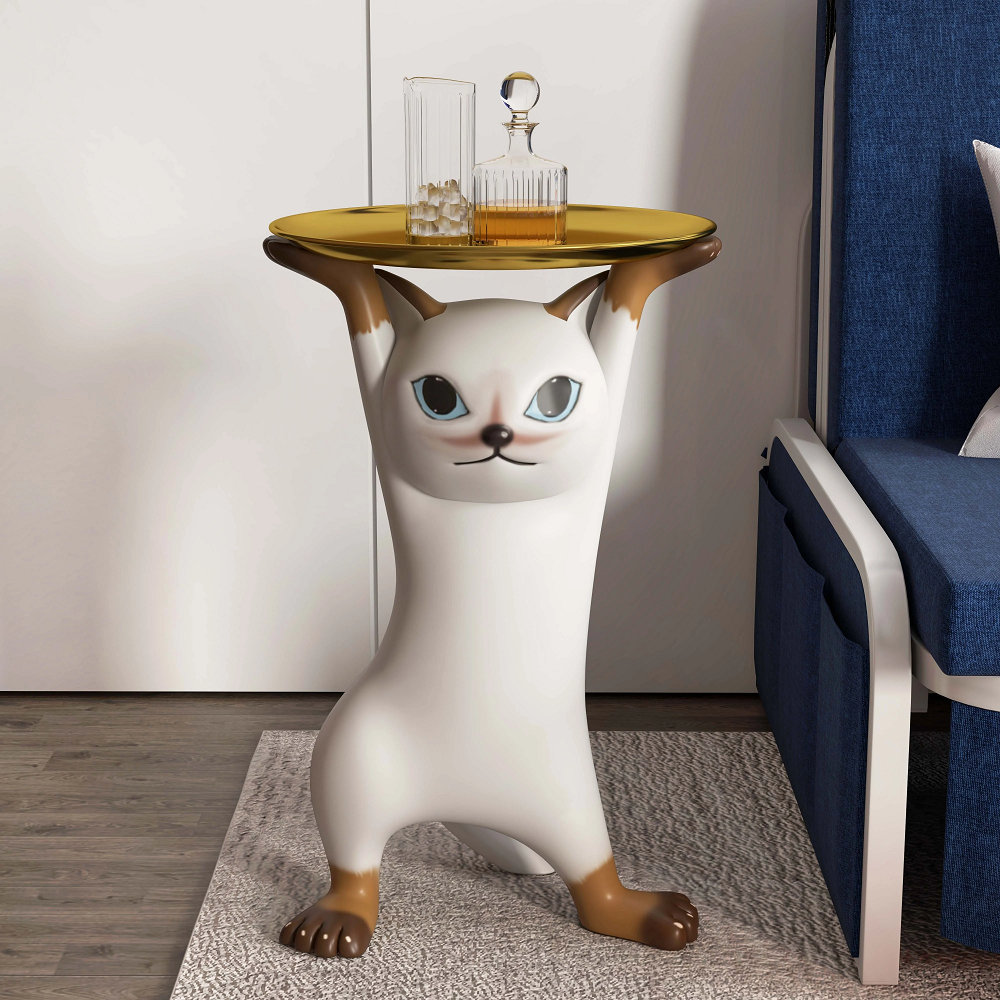 Latitude Run® Modern Cat Side Table Floor Resin Figurine with Gold Tray ...