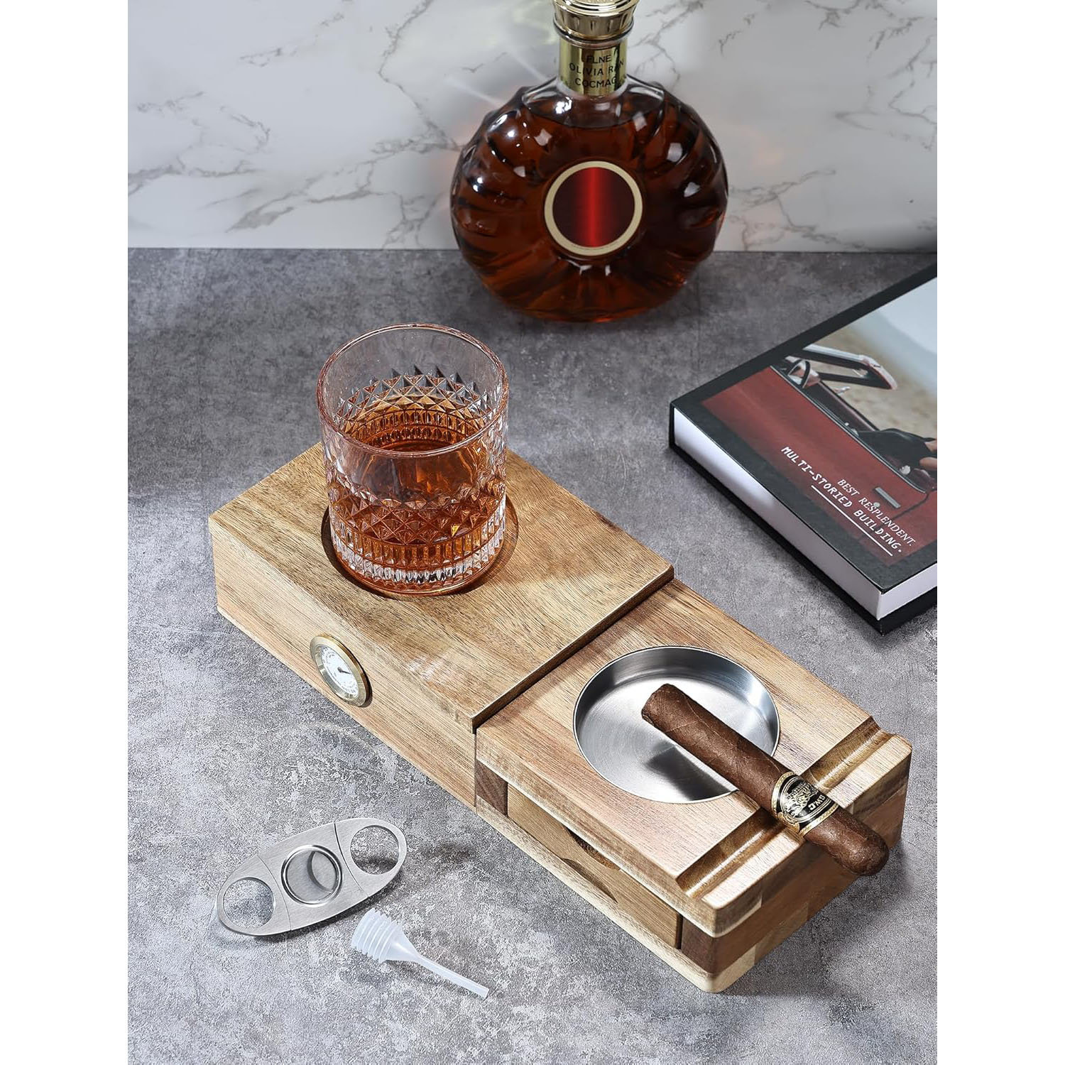 Amzico Solid Wood Cigar Humidor Set With Wine Holder, Cedar Box, Metal ...