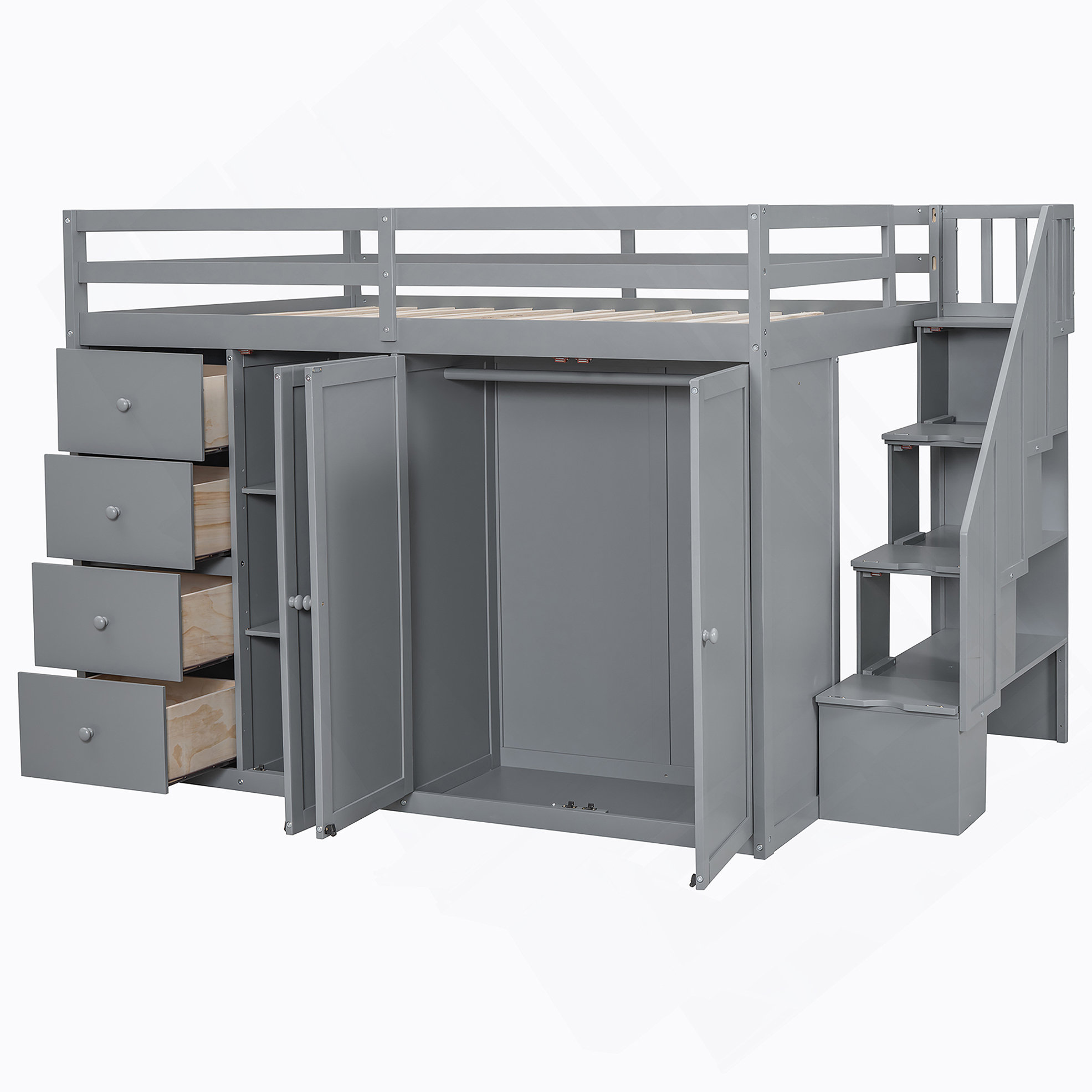 Harriet Bee Kayilan Wood Loft Bed With Built-In Wardrobescabinets And ...