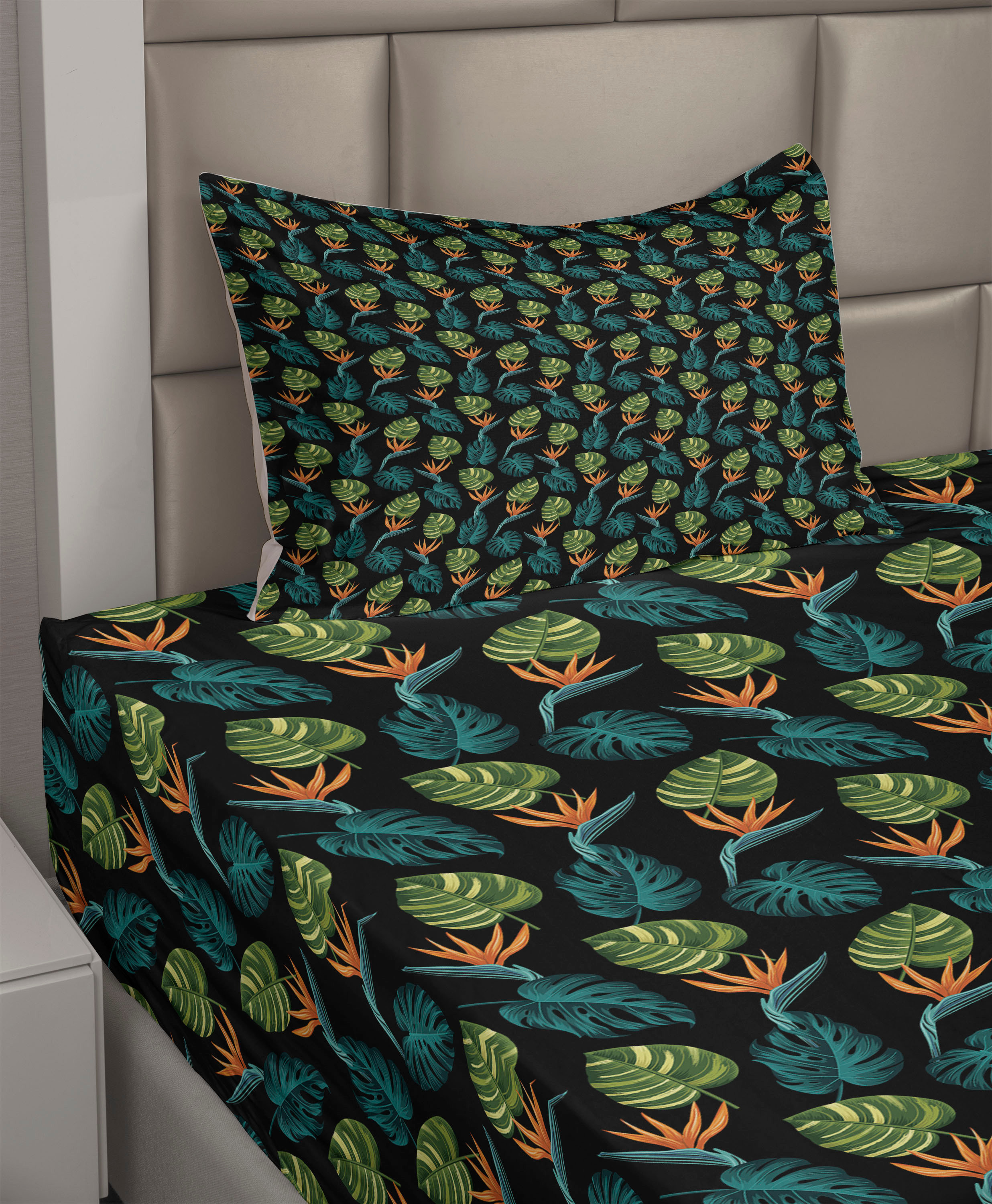 Ambesonne Tropical Sheet Set Monstera Strelitzia Flower Olive Green and ...