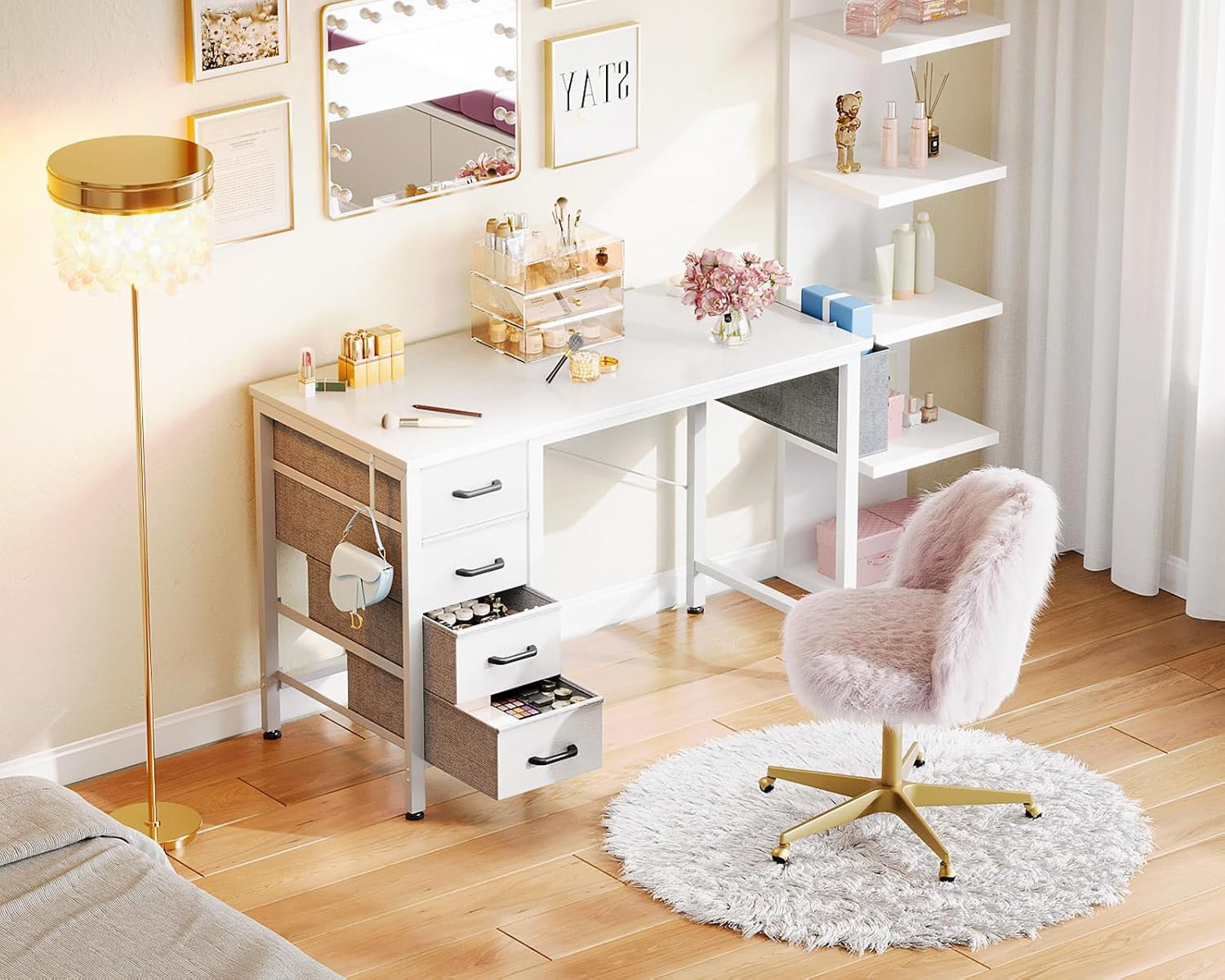 Ebern Designs Compact Study Desk With 4 Fabric Drawers, Space-Saving ...