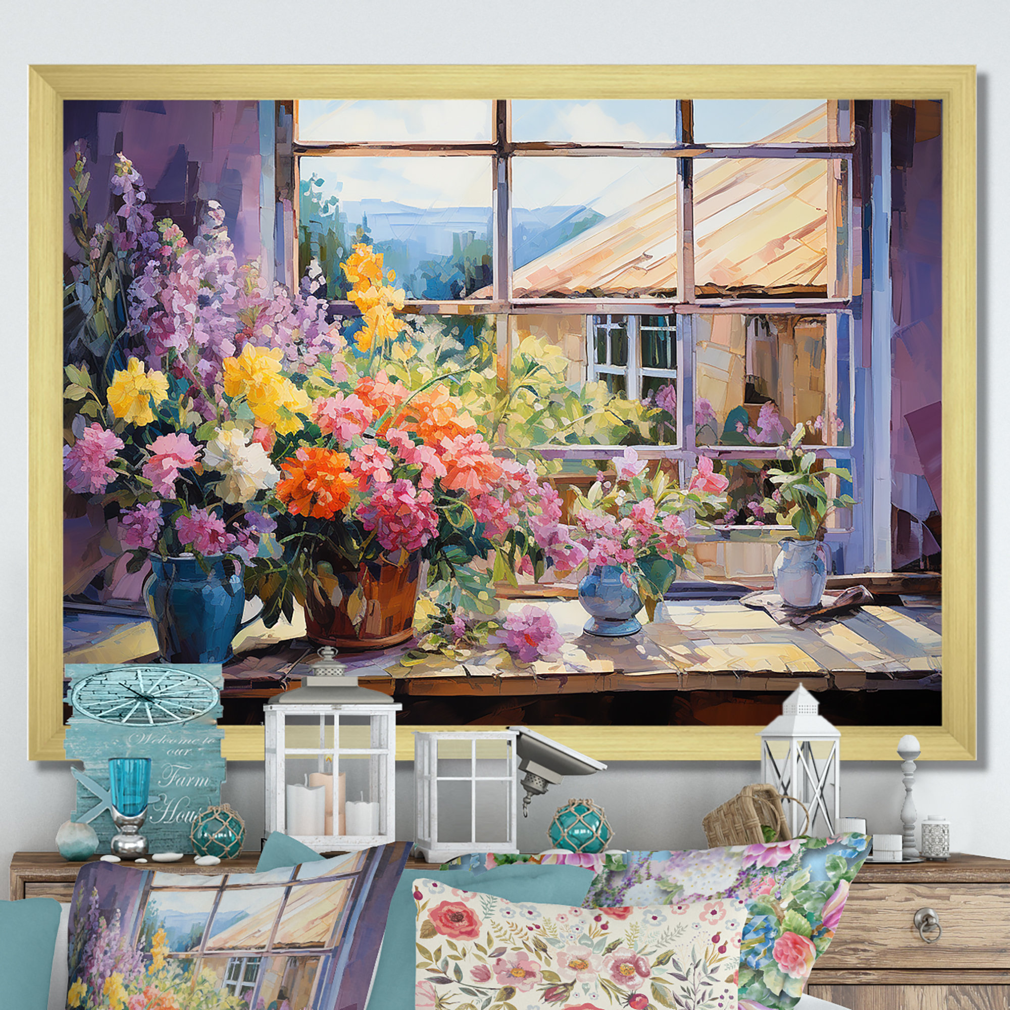 Winston Porter Purple Floral Ranch Window View - Farmhouse Windows Wall ...