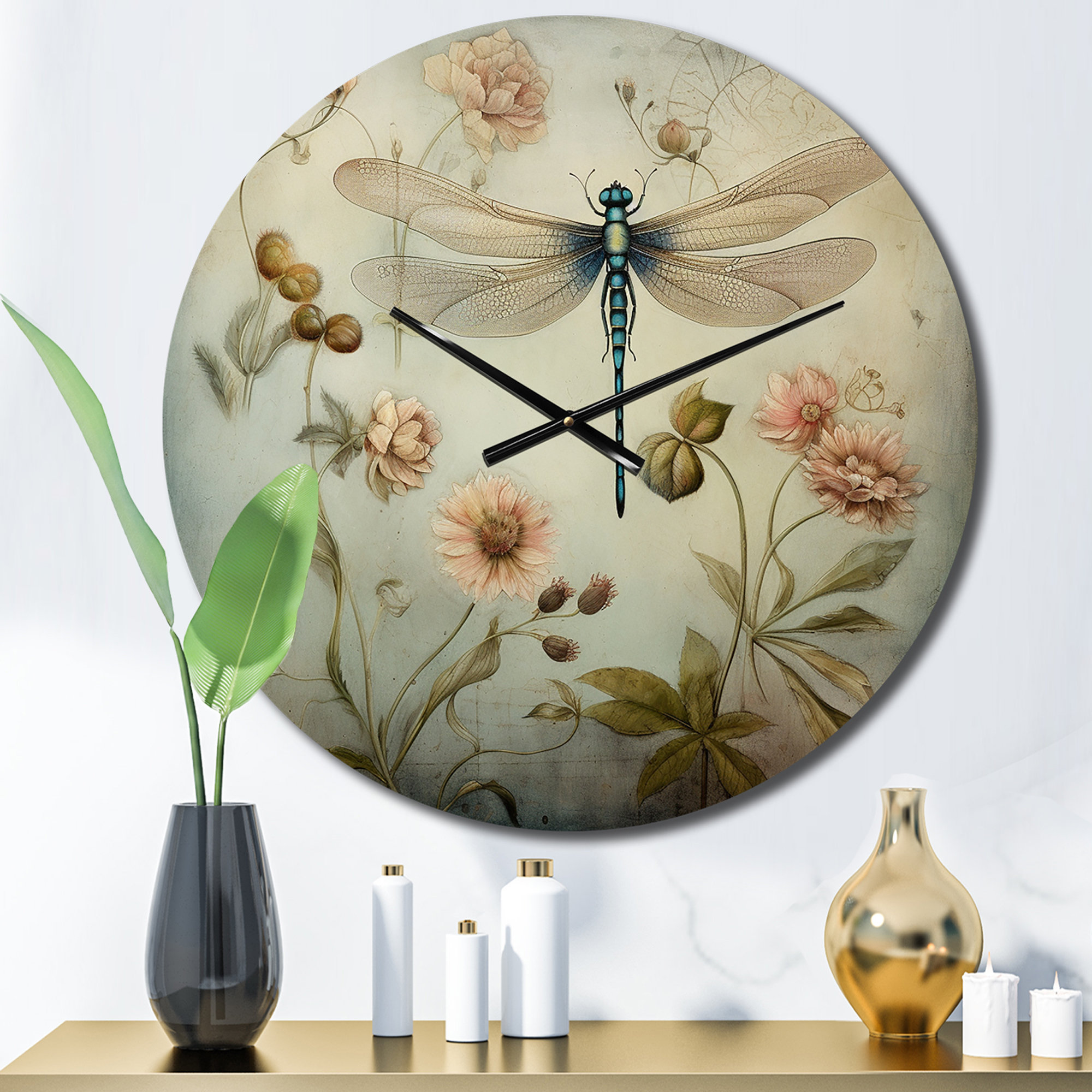 Design Art Vintage Painting Of Dragonfly Flying II Metal Wall Clock ...