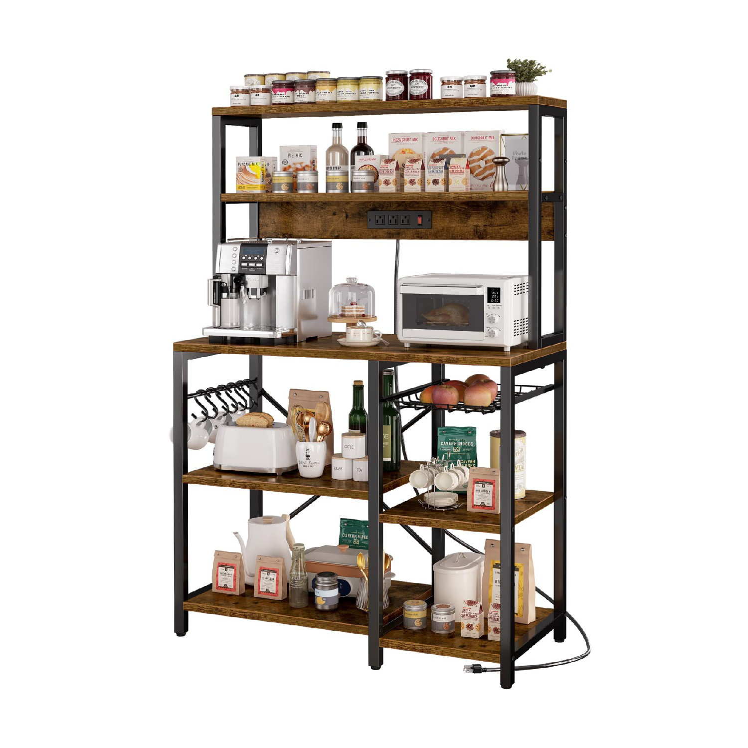 17 Stories 35" Bakers Rack With Wire Basket, 6 S-Shaped Hooks And Open ...