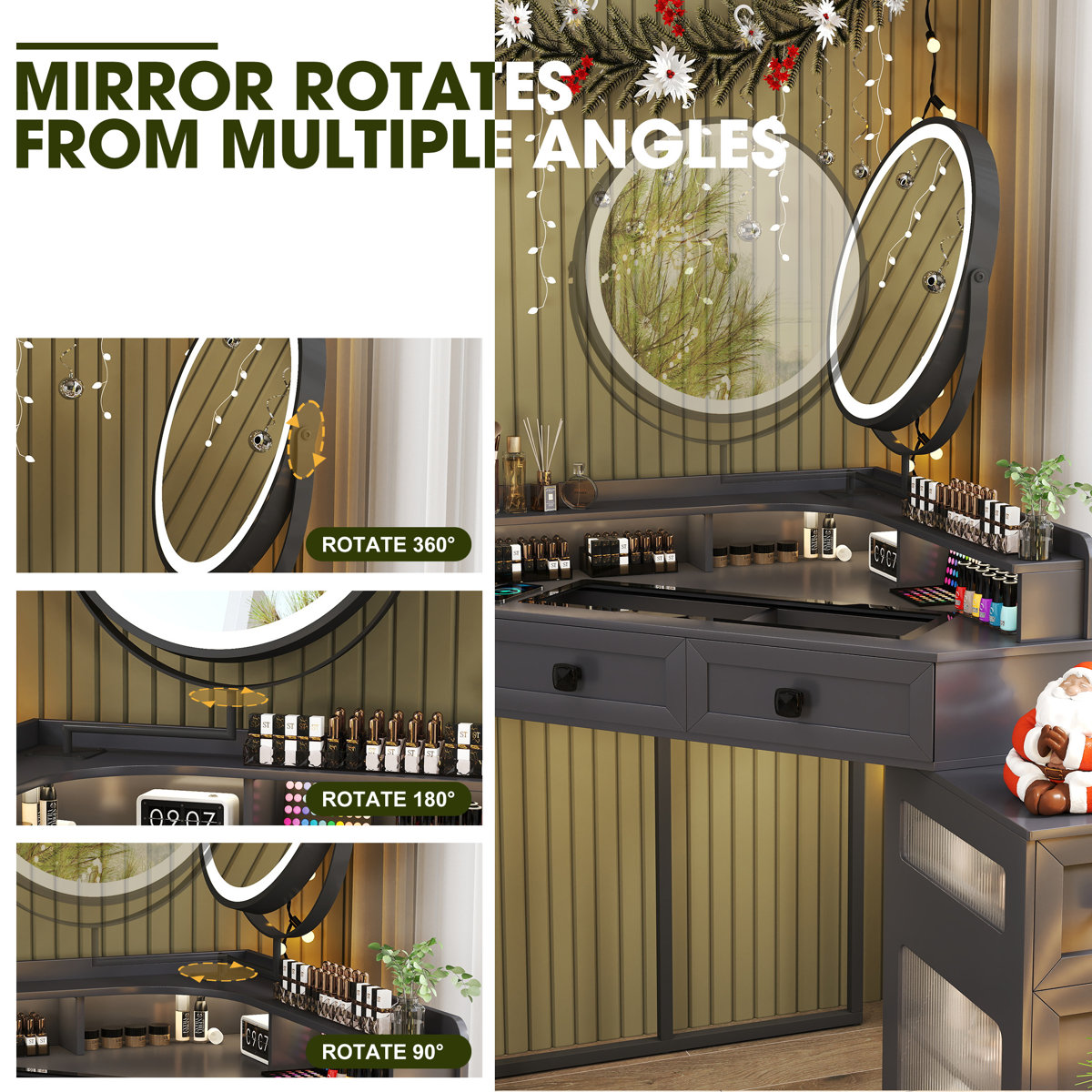 17 Stories Corner Vanity Desk with Mirror, LED Lights, Drawers & Outlet ...