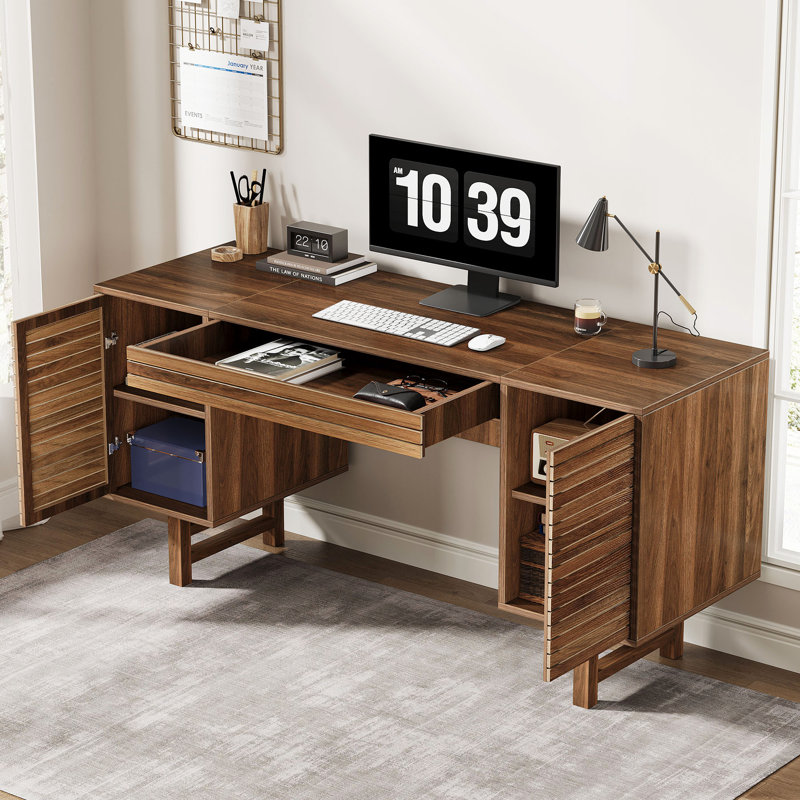 Ebern Designs Rustic Wood Computer Desk With Storage Cabinet And Drawer ...