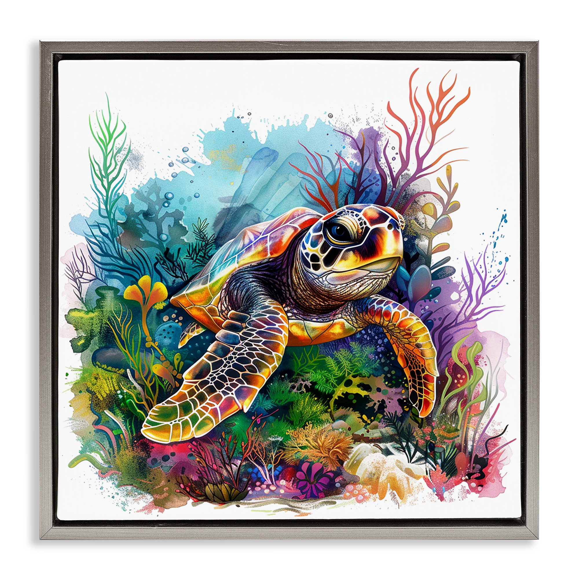 Bay Isle Home™ Coral & Sea Life Turtle Framed Floater Canvas Wall Art ...