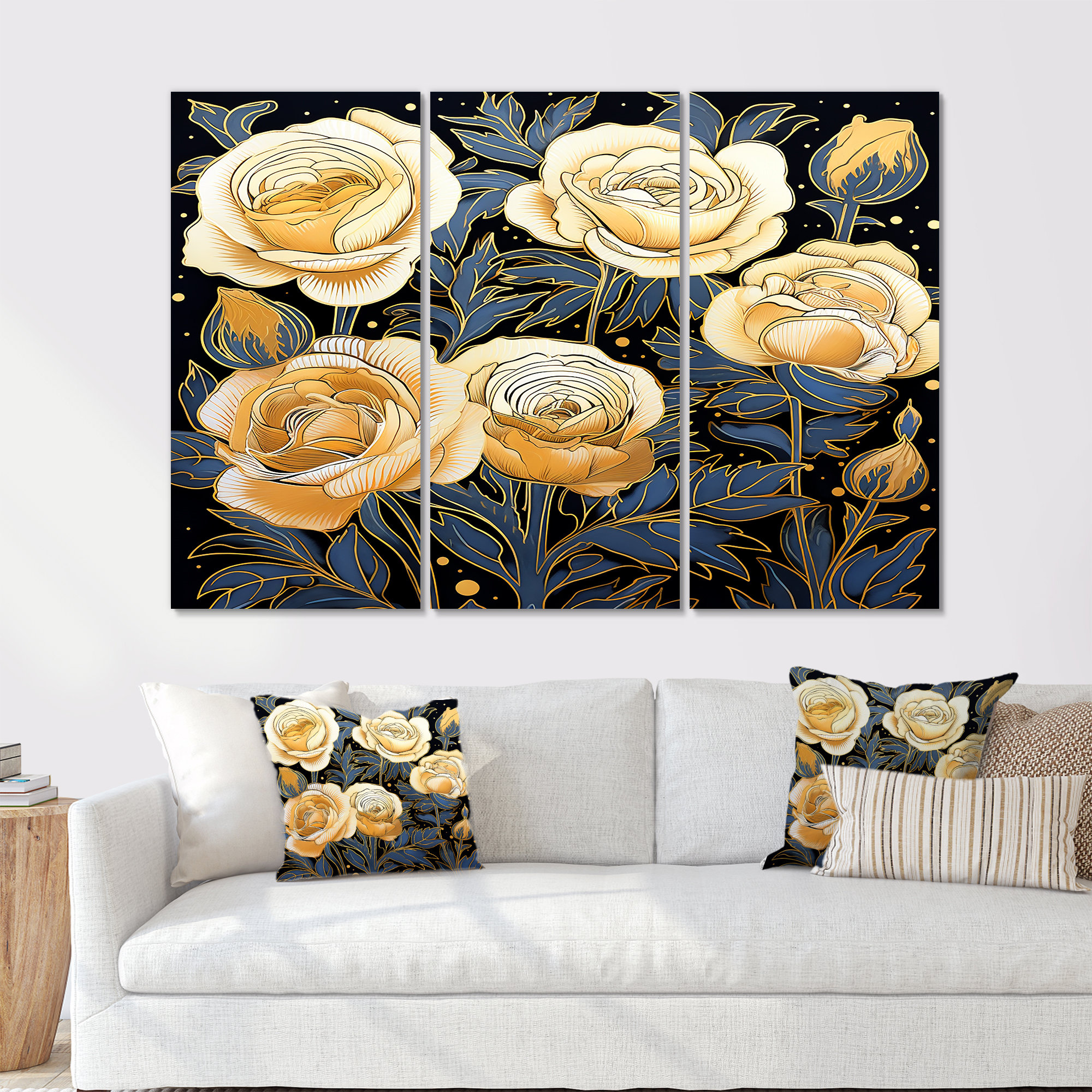 Design Art Yellow Roses Blue Retro Leaves - Roses Wall Art Print Set ...