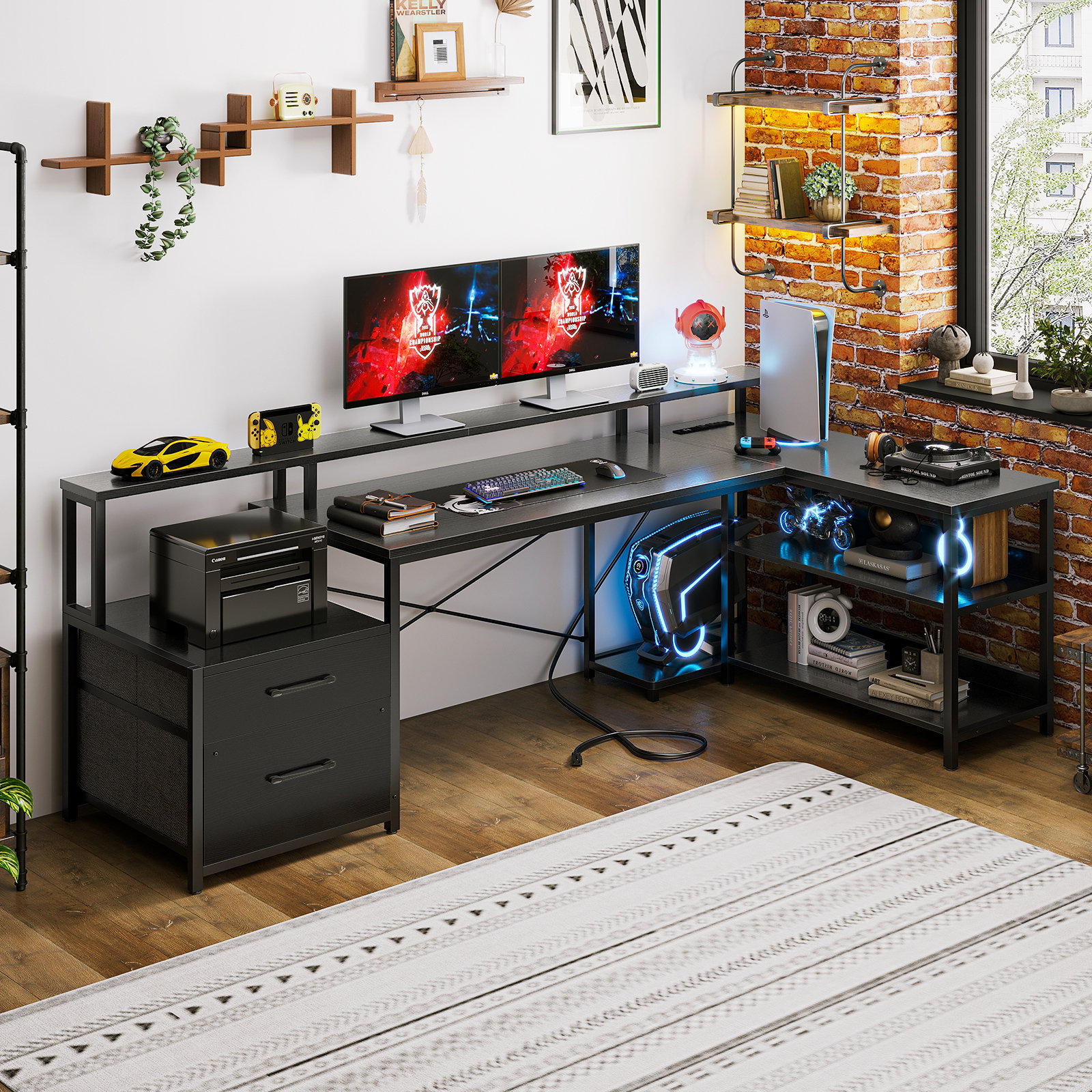 17 Stories Sholpan 67.8'' W LED Computer Desk with Cabinet,L-Shaped ...