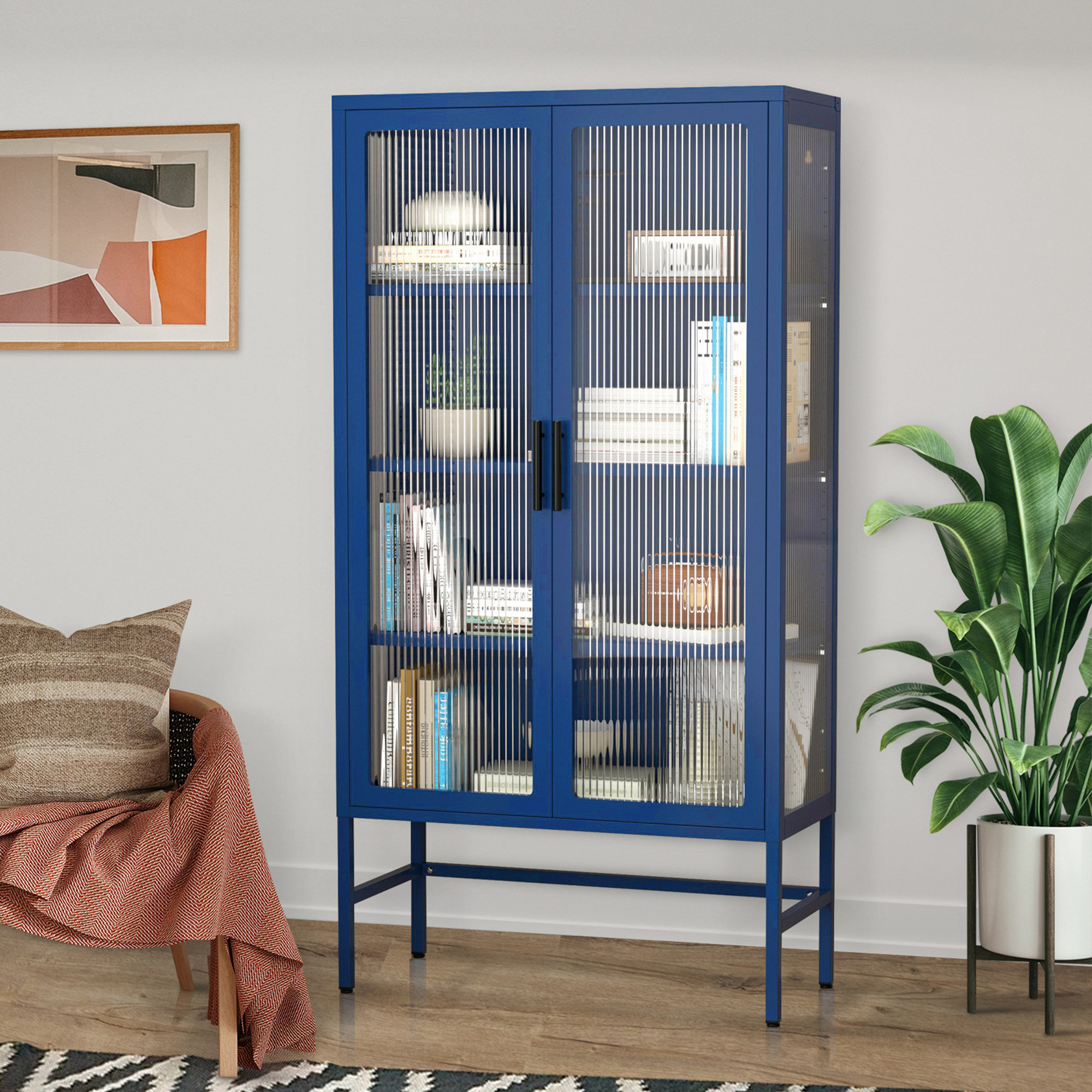 Latitude Run® Double Glass Door Storage Cabinet with Adjustable Shelves ...