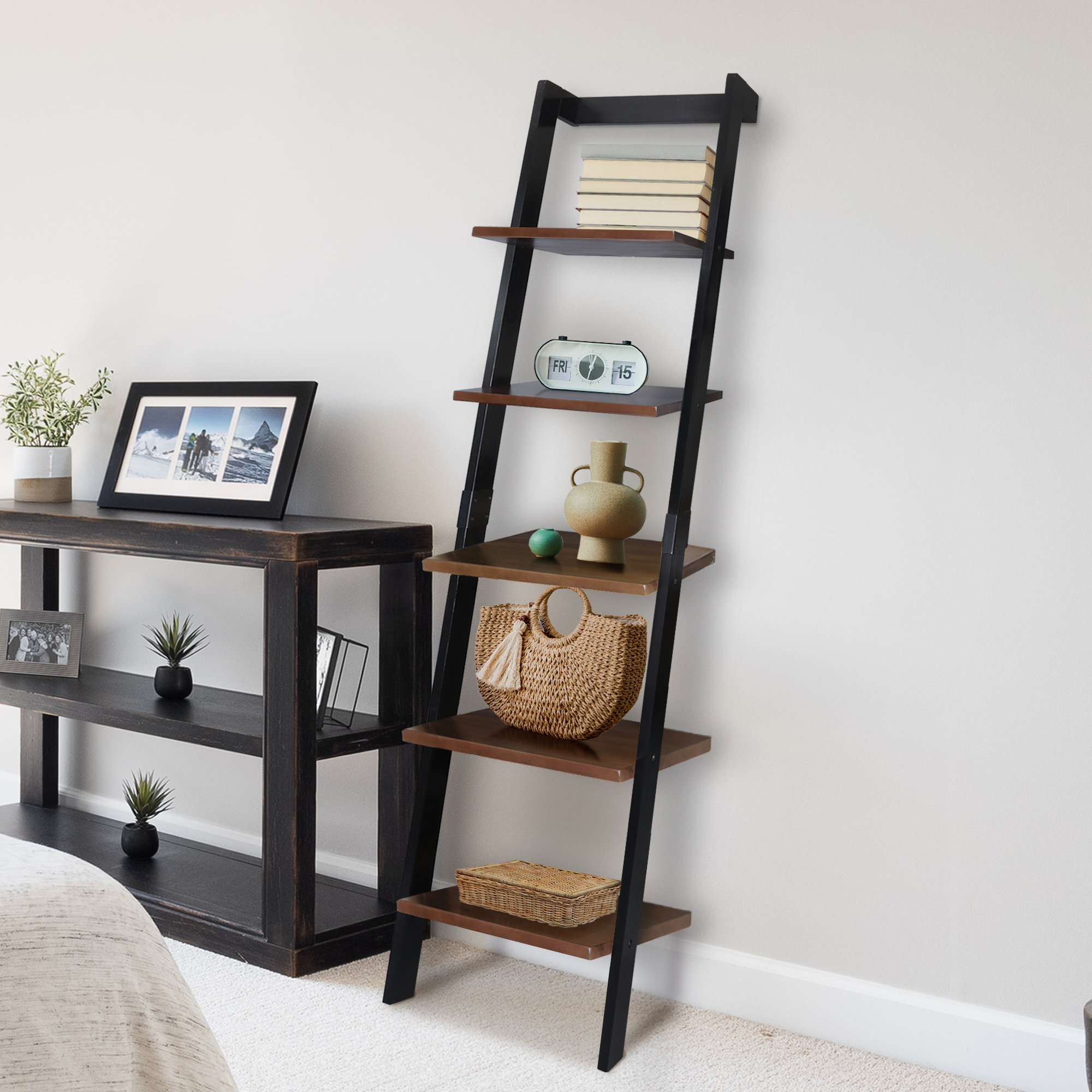 17 Stories 5-tier Leaning Ladder Bookcase With Solid American Gum ...
