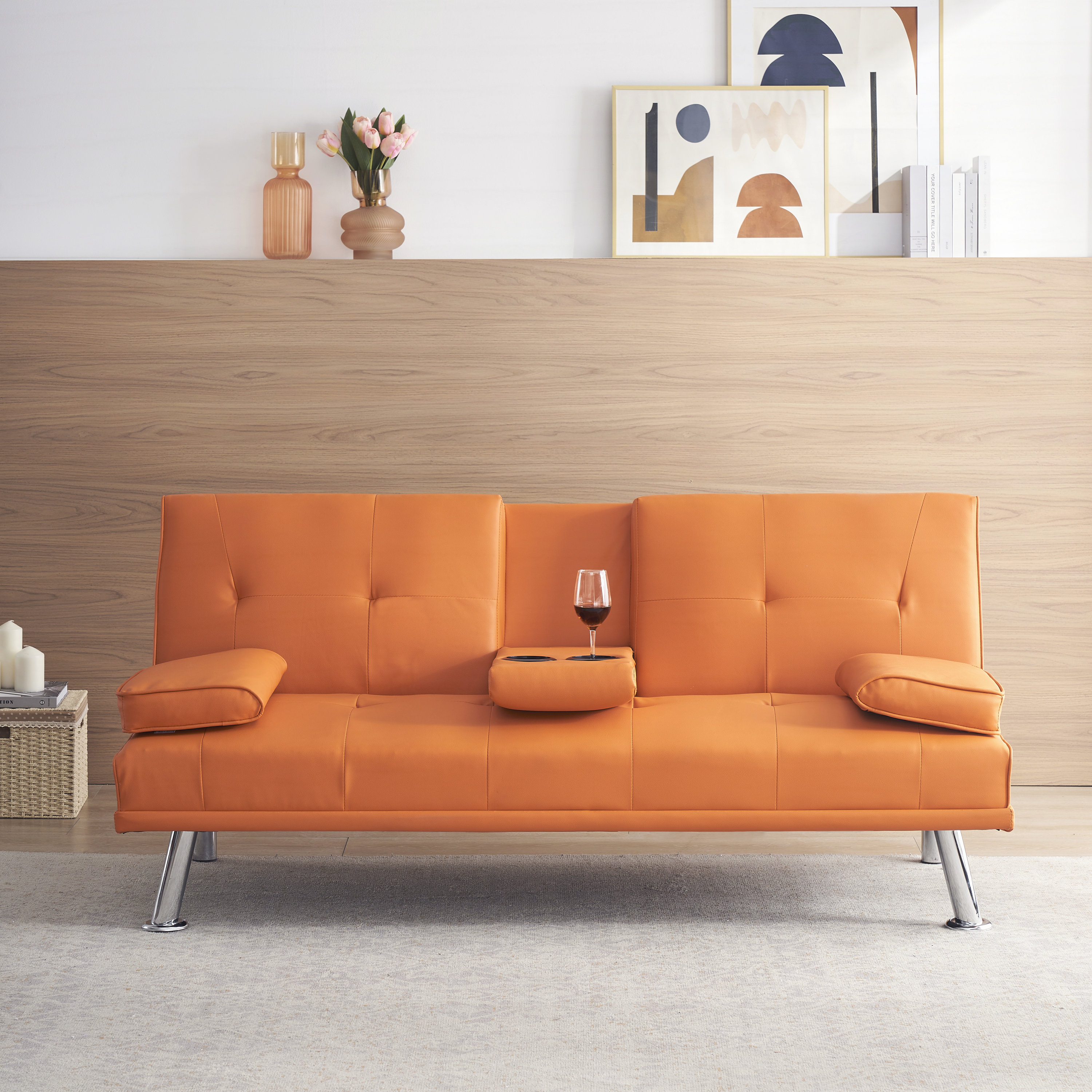 Latitude Run® 67" Orange Leather Office Sofa Bed, Double Fold, with ...