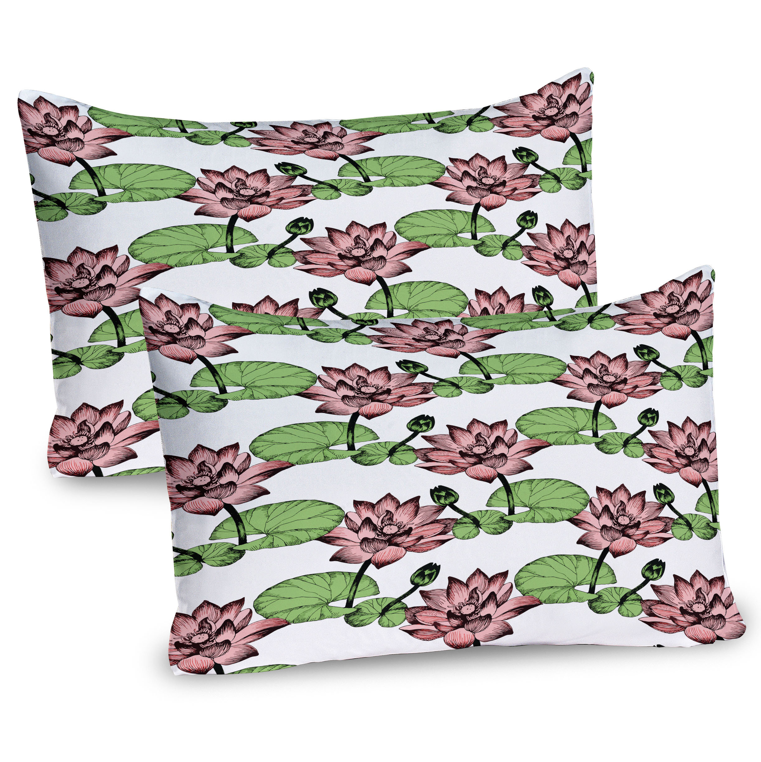 Ambesonne Lotus Pillow Sham 2 Pack Aquatic Flowers Art - White Rose and ...