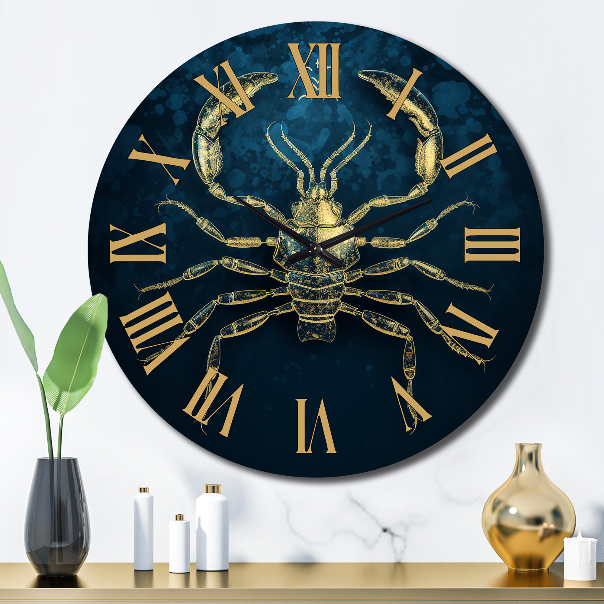Design Art Exquisite Scorpio Gold On Blue Metal Wall Clock | Wayfair