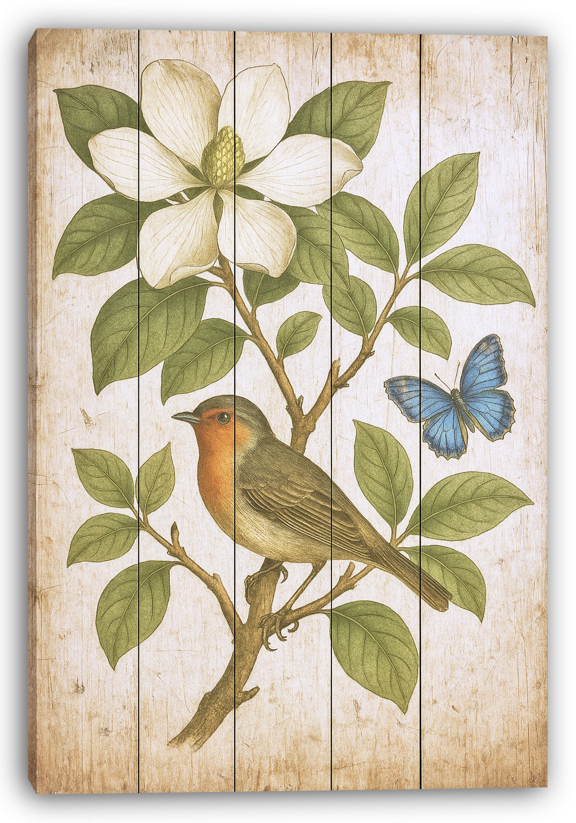 August Grove® Botanical Bliss – Robin and Magnolia Wood Panel Canvas ...
