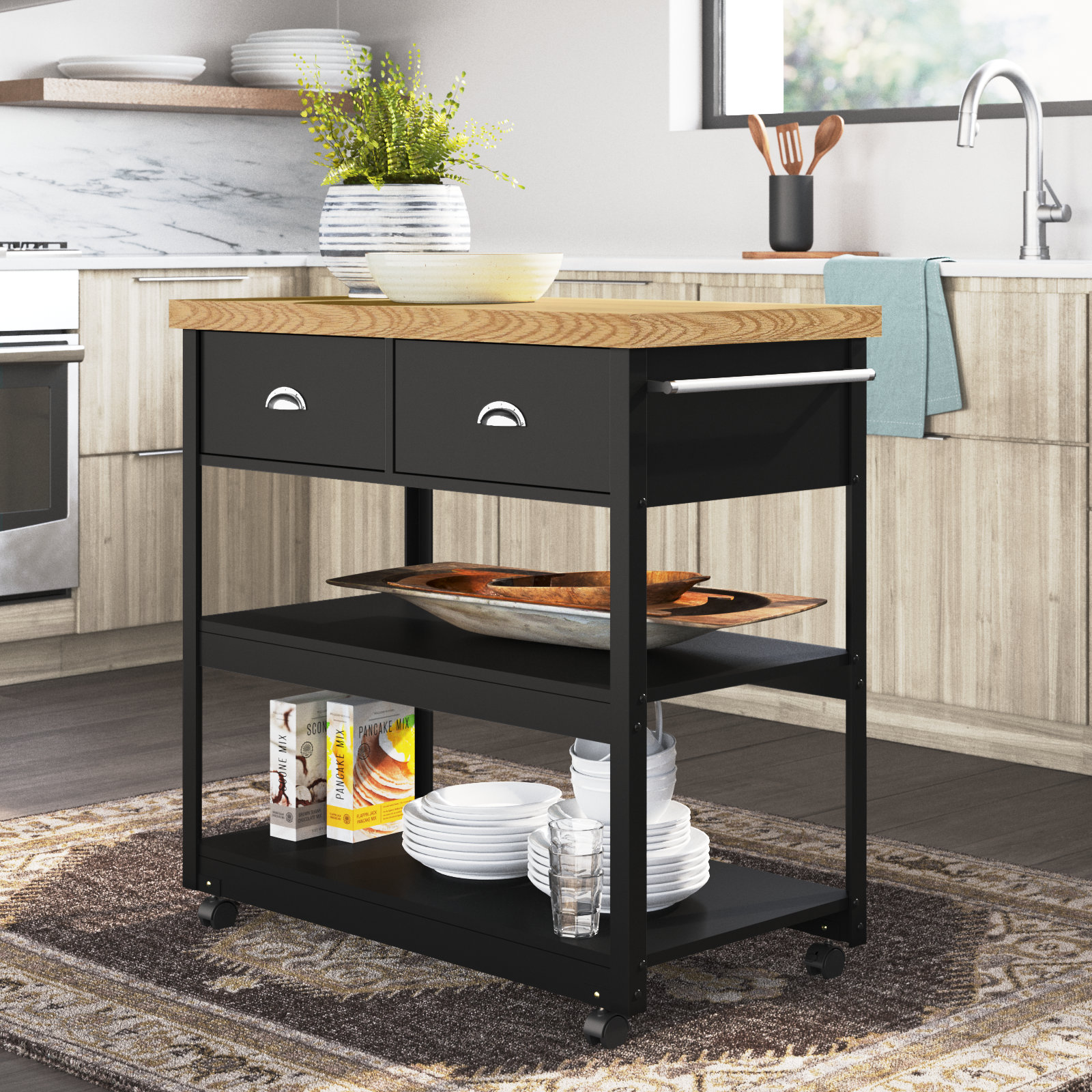 Lark Manor Farmhouse Style Kitchen Island Cart With Drawers And Shelves ...