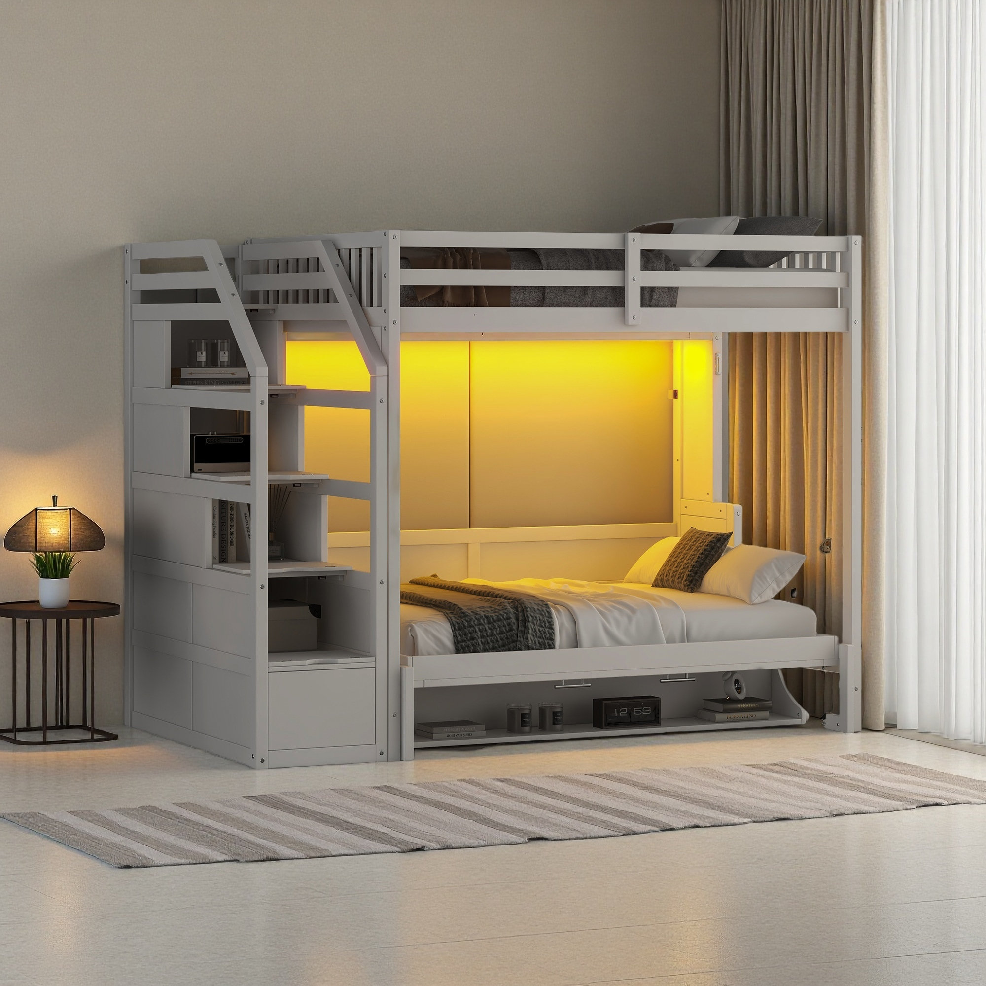 Harriet Bee Full XL Size Loft Bed With Storage Staircase And Full Size ...