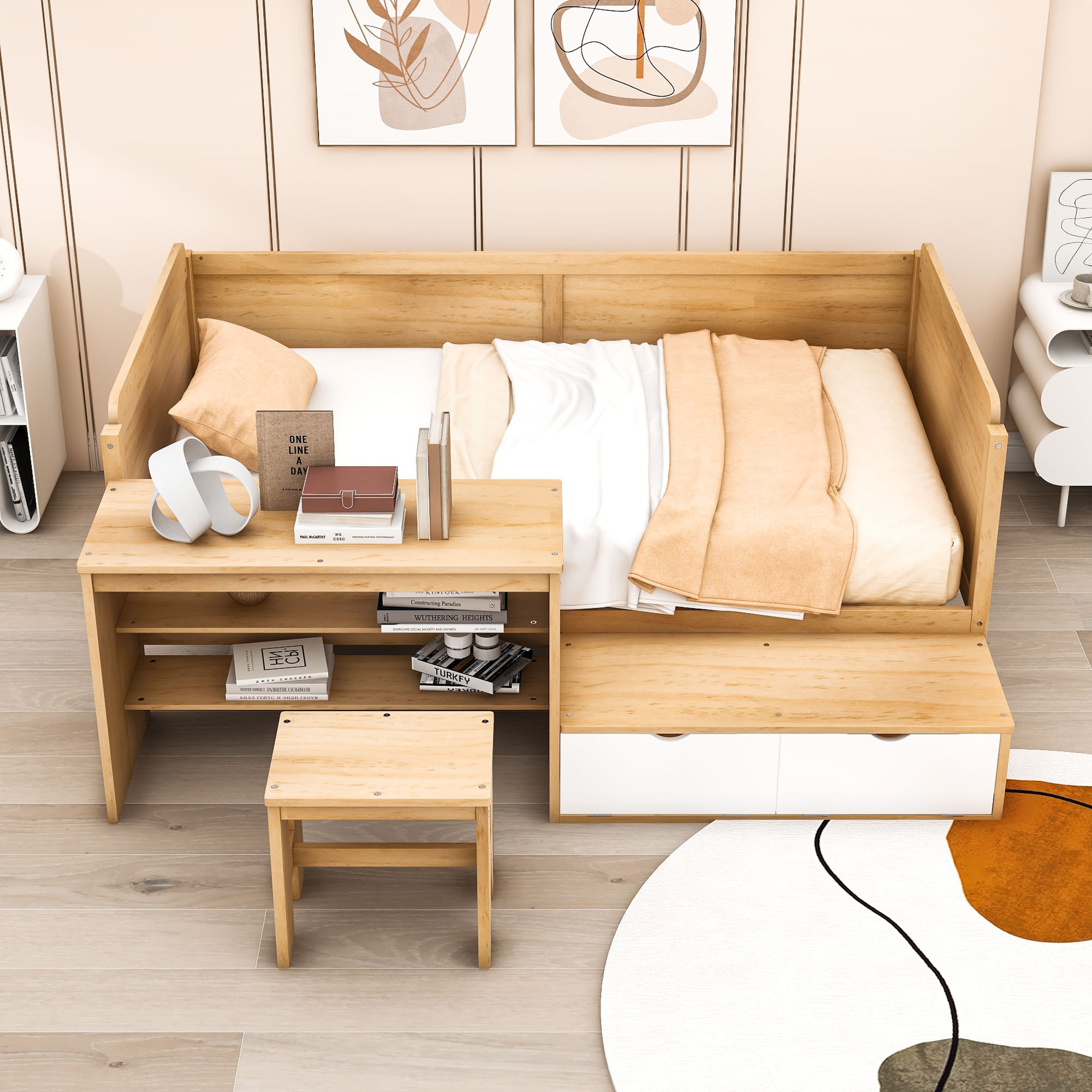 Lark Manor™ Twin Daybed with Storage Shelves, Desk and Matching Stool ...