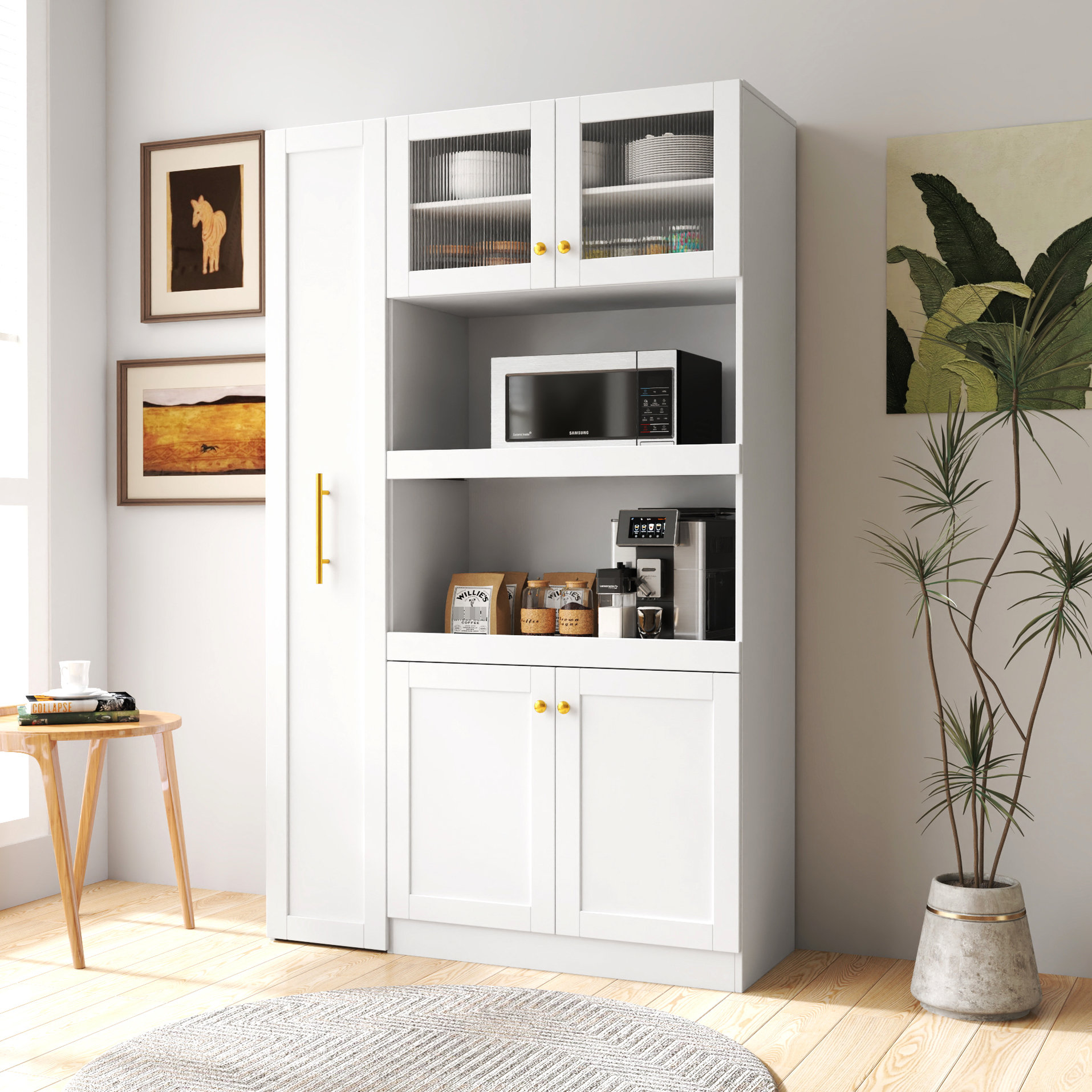 Latitude Run® White Style Storage Cabinet With 4 Doors And Pull-out ...