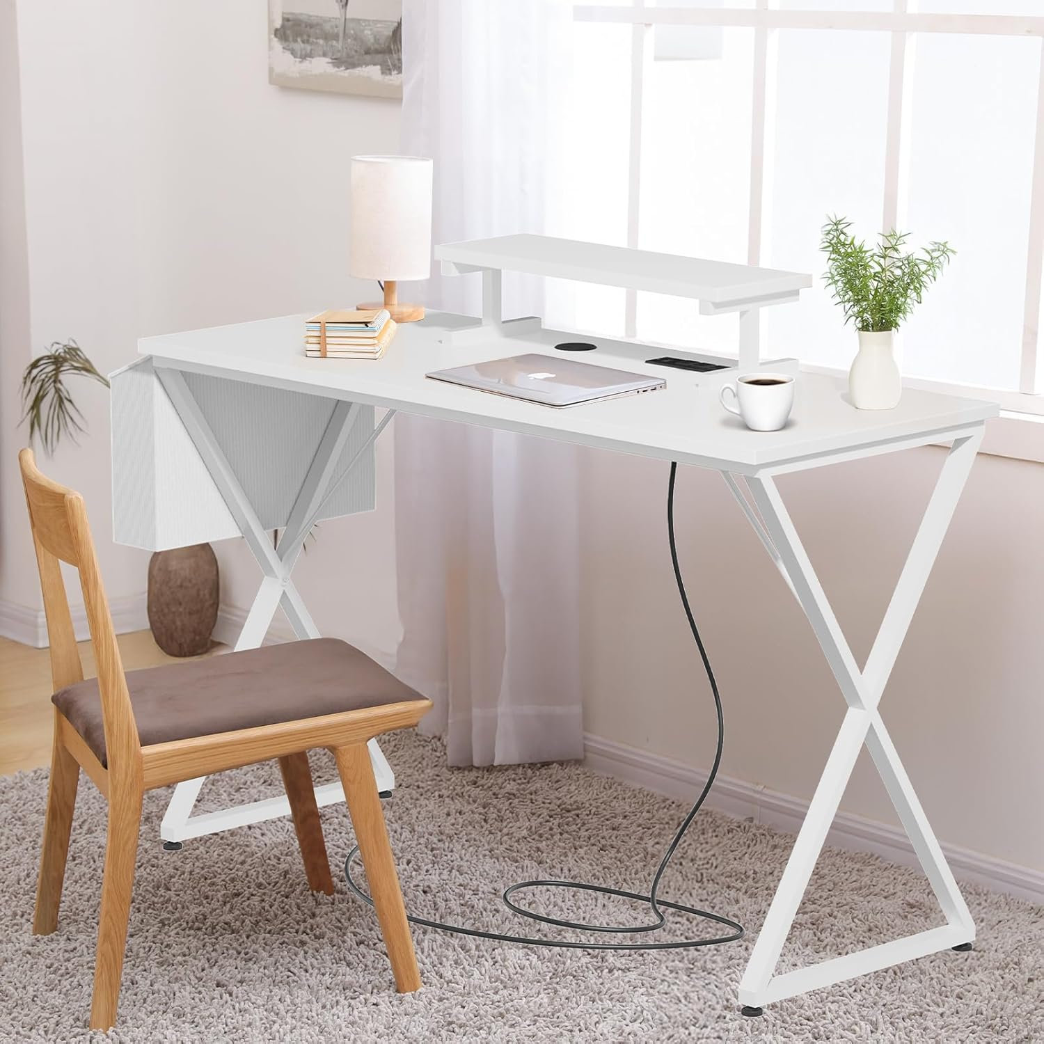 Ebern Designs 47" Office Desk With Monitor Stands And Fabric File ...