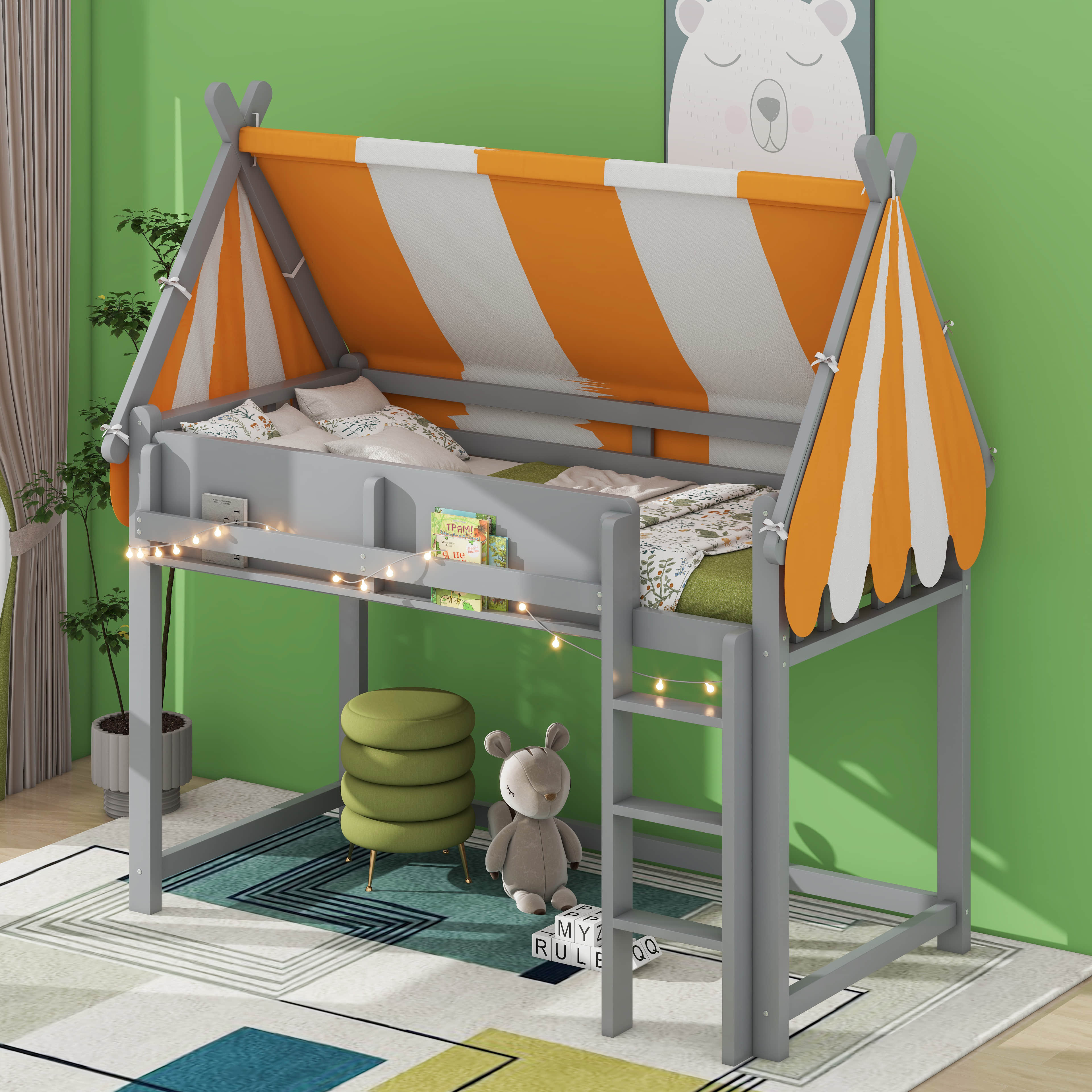 Ebern Designs House Loft Bed With Canopy, LED Lights & Bookshelves ...