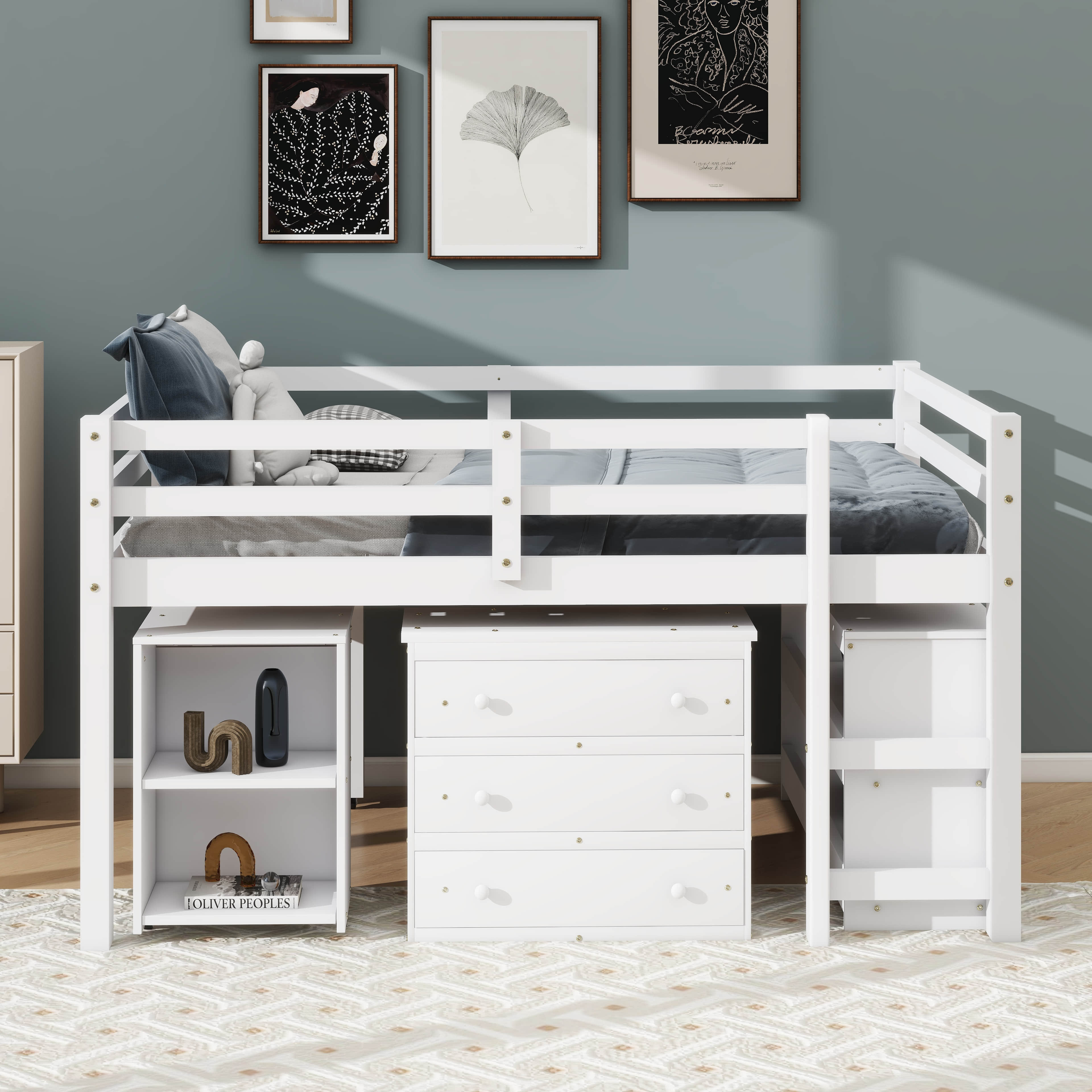 Harriet Bee Low Study Full Loft Bed With Cabinet ,Shelves And Rolling Portable Desk ,Multiple ...