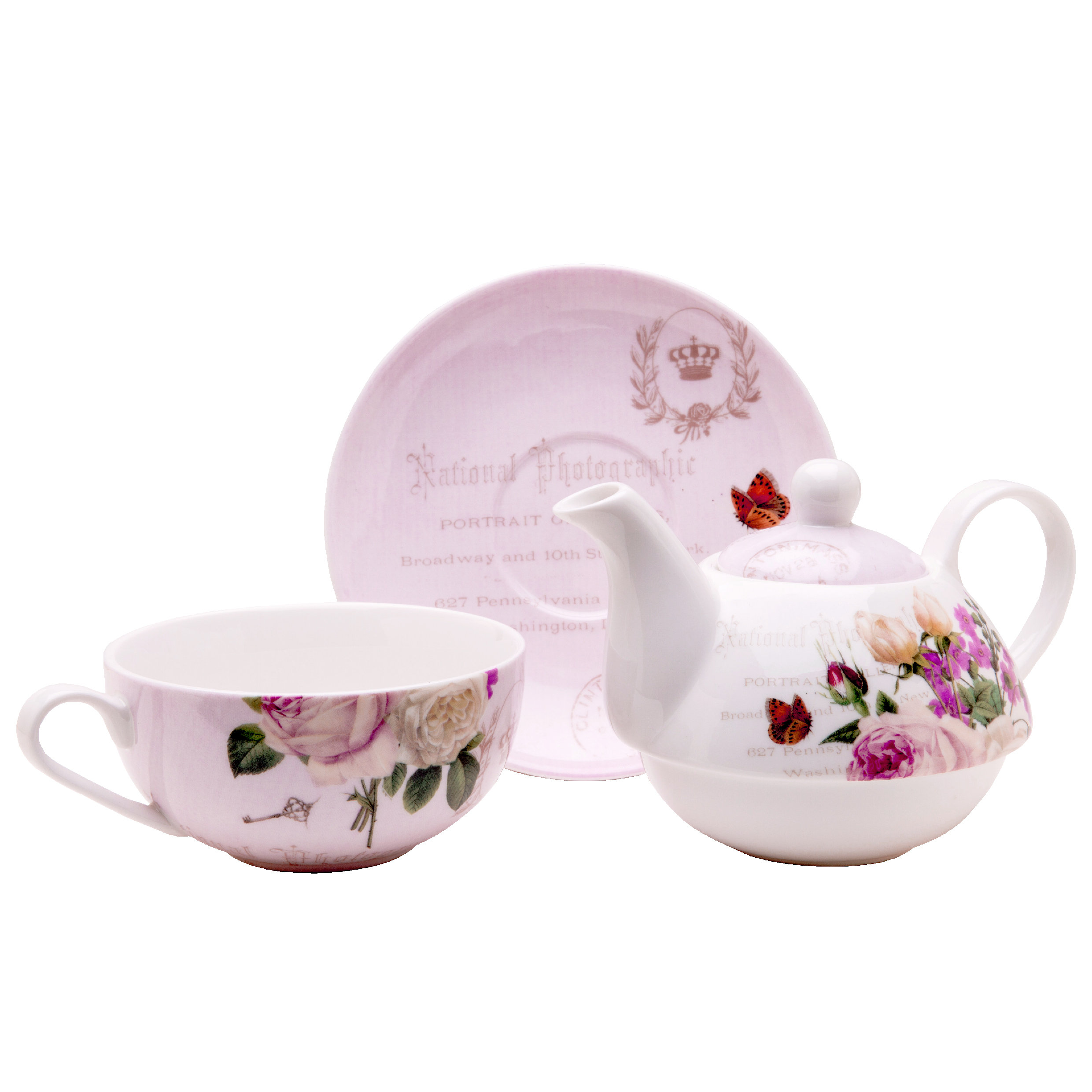 Grace's Tea Ware Botanical Pink Butterfly Porcelain Tea For One 4-Piece ...