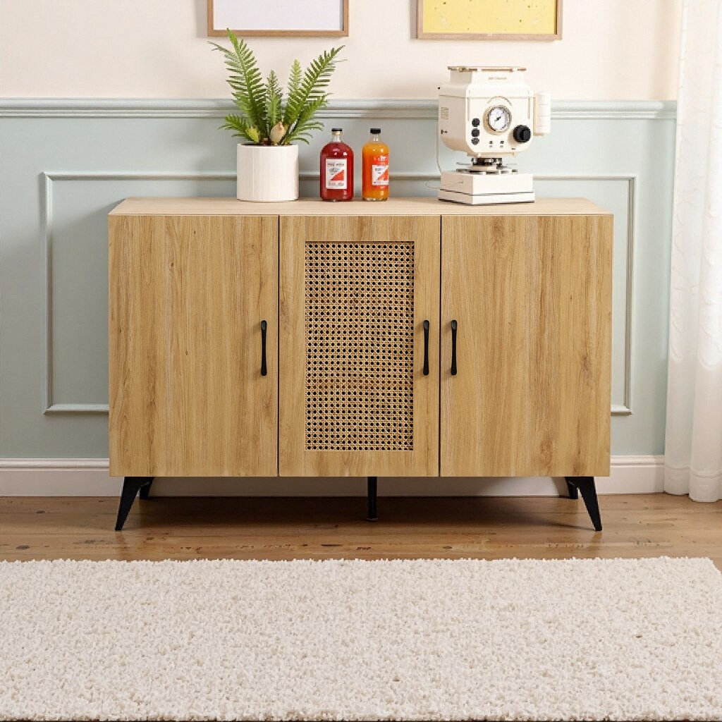 Ebern Designs Three-Door Rattan Mesh Storage Cabinet - 45.3 Inch Wide ...