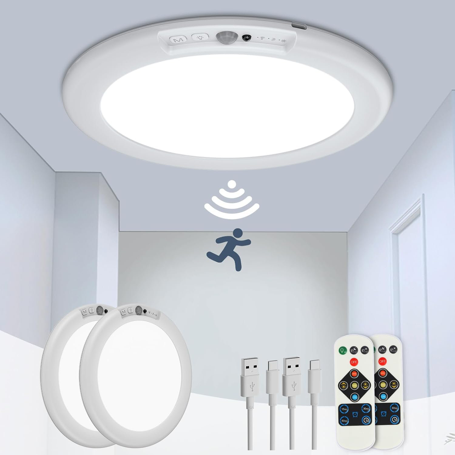 MABOSY 2 Pack Rechargeable Motion Sensor Ceiling Light Wireless Ceiling Lights Battery Operated ...