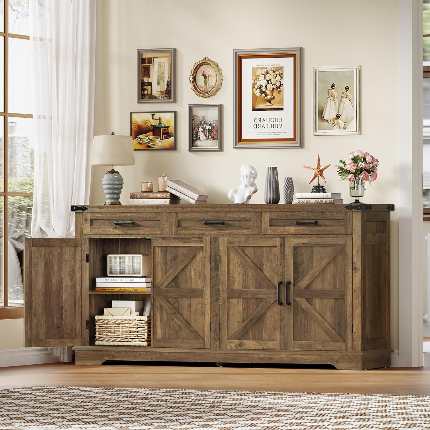 Gracie Oaks 63” Large Buffet Cabinet with 4 Doors and 3 Drawers, Farmhouse Buffet Sideboard ...