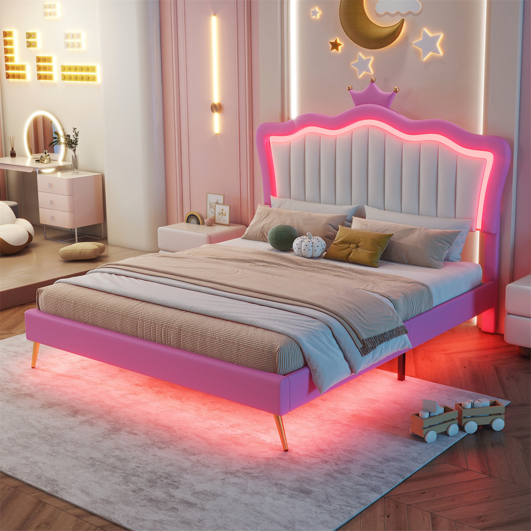 Ivy Bronx Luxurious Upholstered Bed Frame with LED Lights and Crown ...