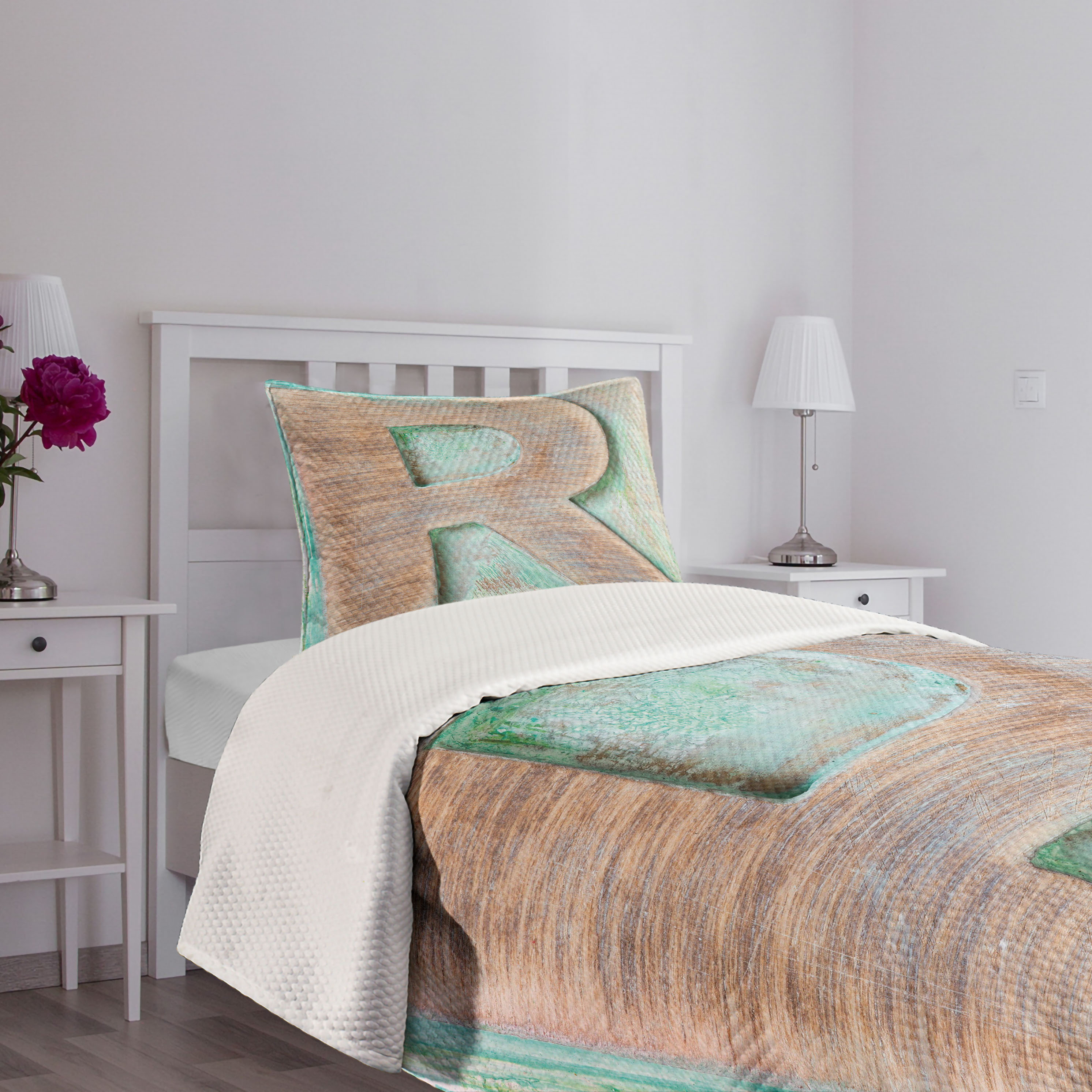 Ambesonne Letter R Bedspread Alphabet Letterpress R Mint Green Pale ...