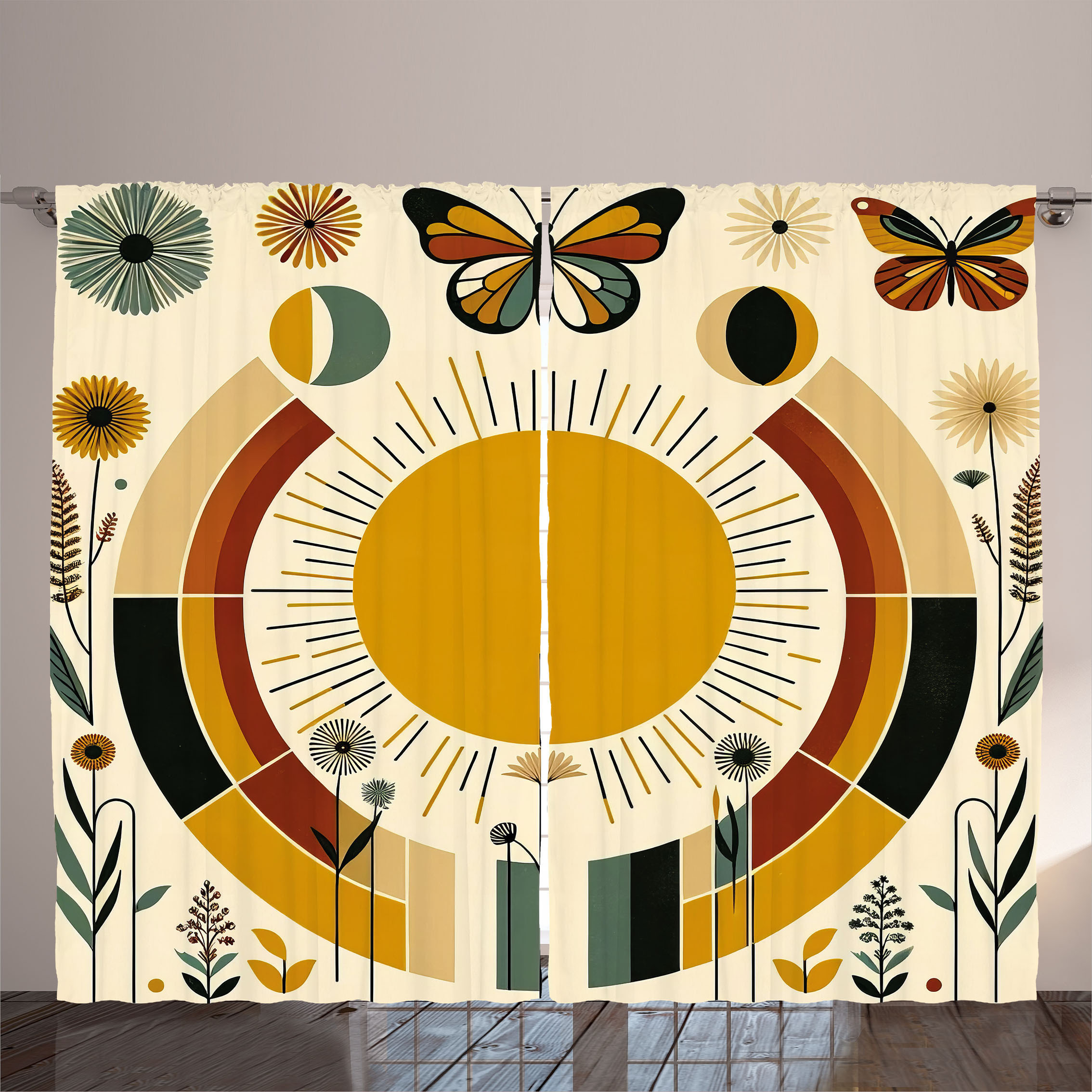 Ambesonne Curtains 2 Panel Set, Boho Sun Moth, Pale Coffee Eggshell ...
