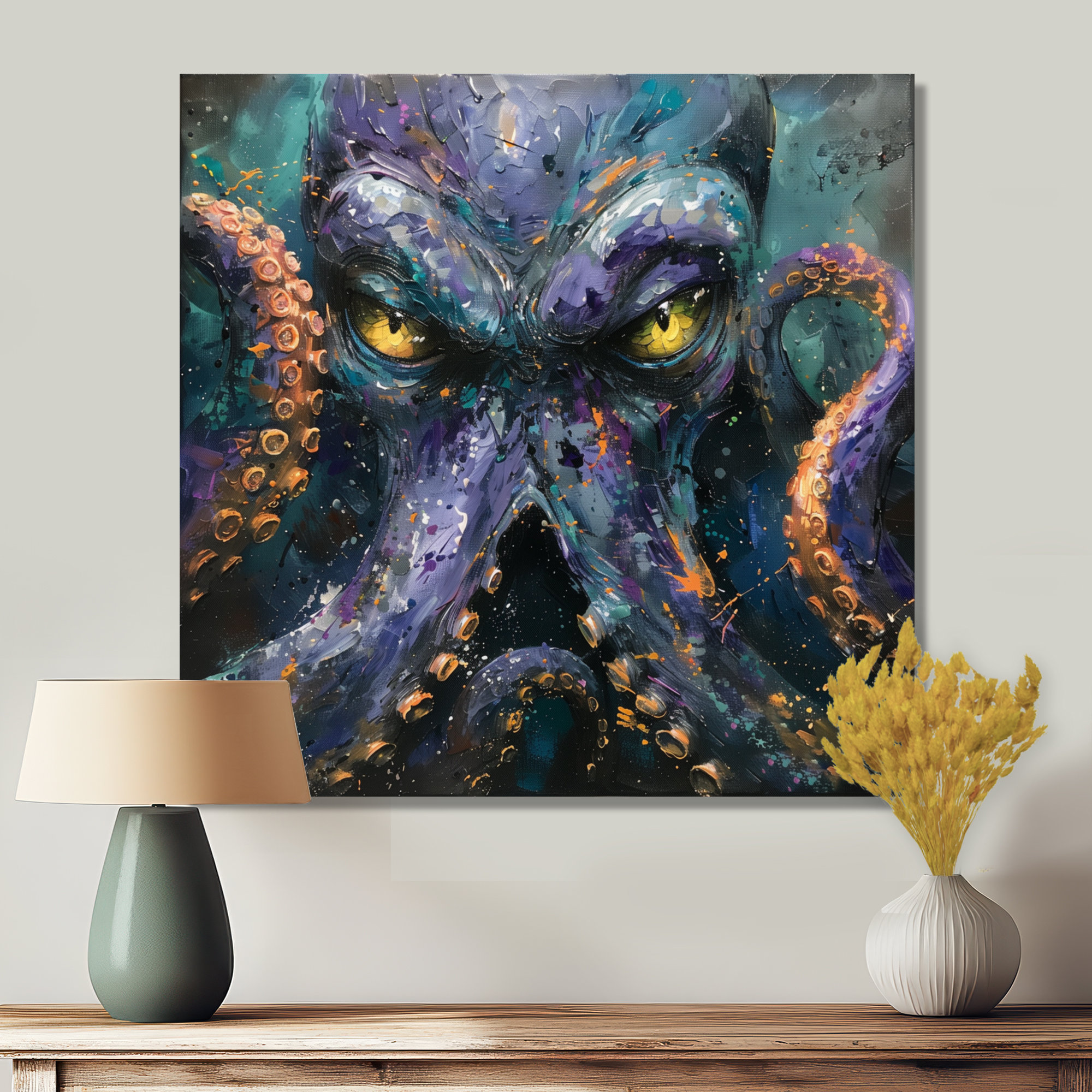 Highland Dunes Purple Green Rising Monster Octopus - Monsters Wall Art ...
