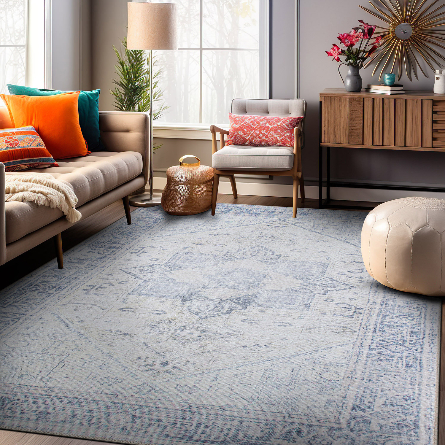 Langley Street Somona Machine Washable Oriental Flatweave Performance Blueivory Area Rug