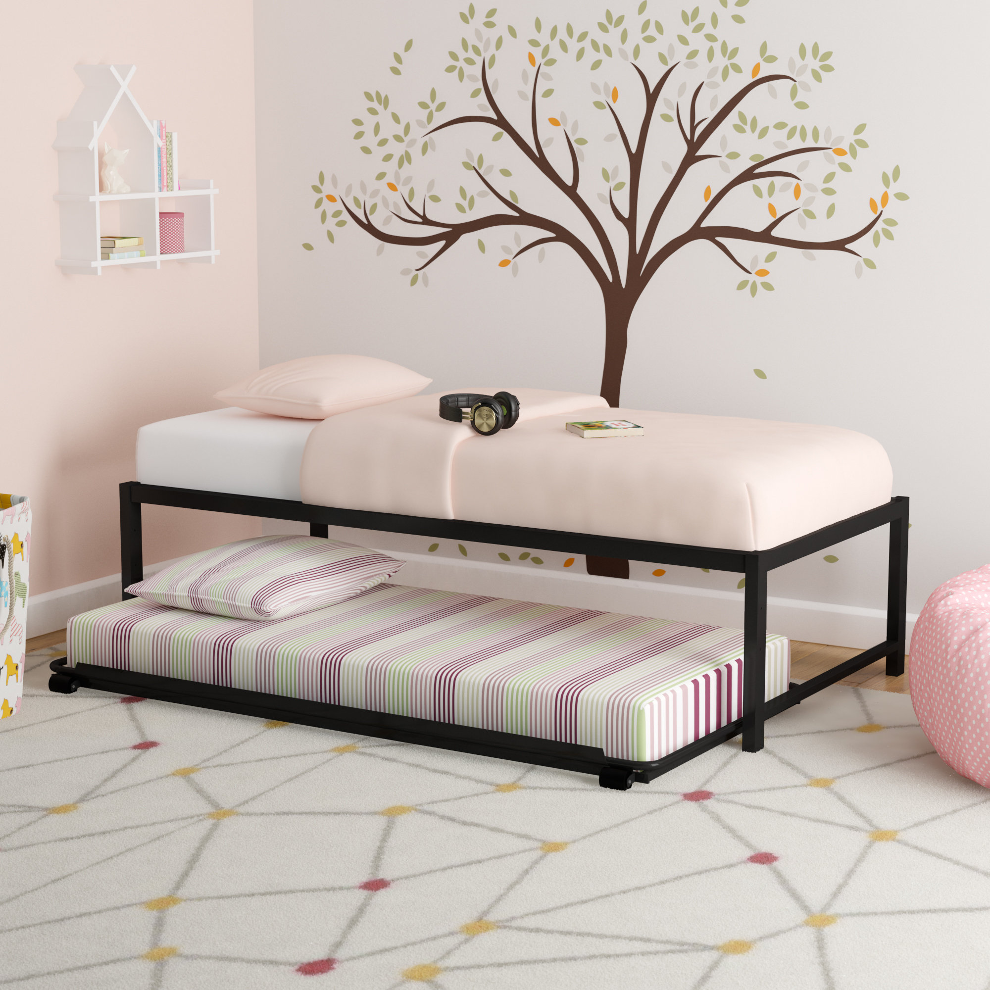 Zoomie Kids Josef Twin Metal Platform Hi-Riser Bed with Pop Up Trundle ...