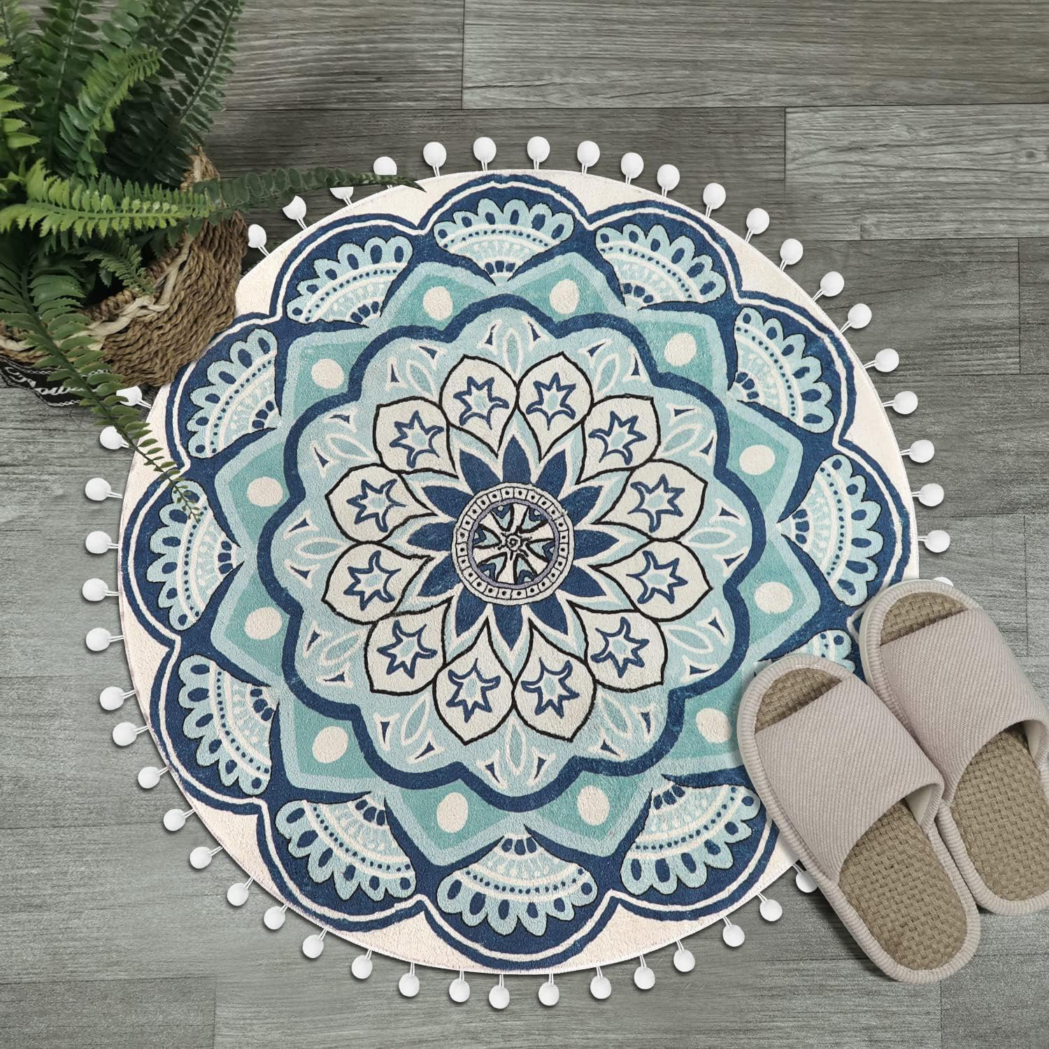 Bungalow Rose Small Round Rug 2.3Ft Blue Boho Bathroom Rugs With Pom ...