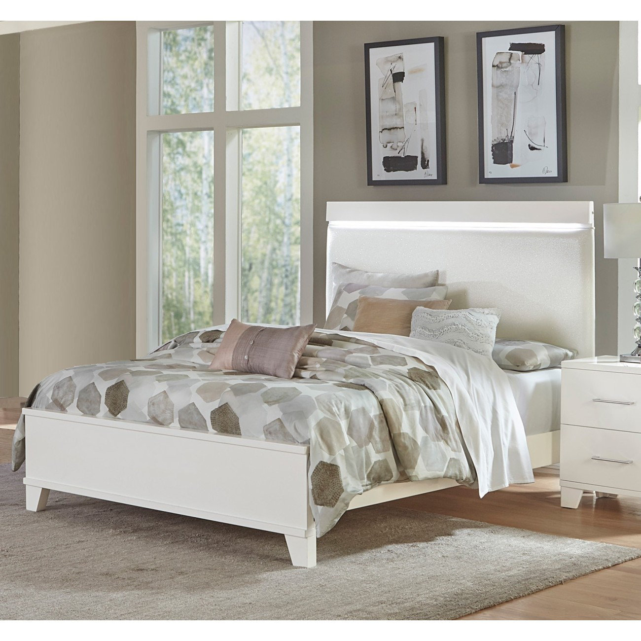 GZMWON High Gloss Finish Bed 1LED Headboard Faux Leather Upholsted ...