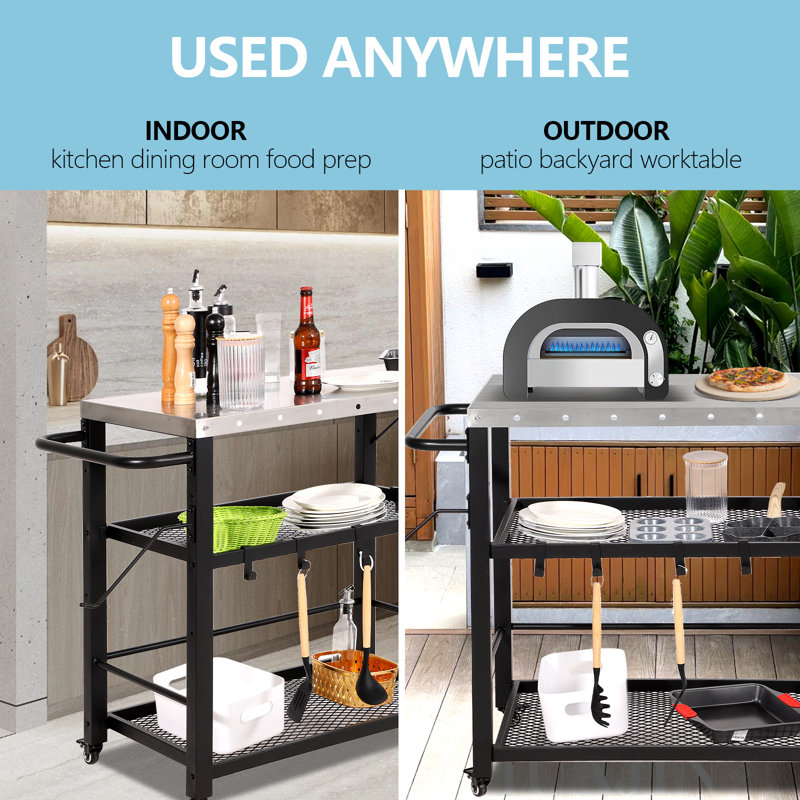 Prep & Savour Dionisia Three-Shelf Stainless Outdoor Movable Food Prep ...