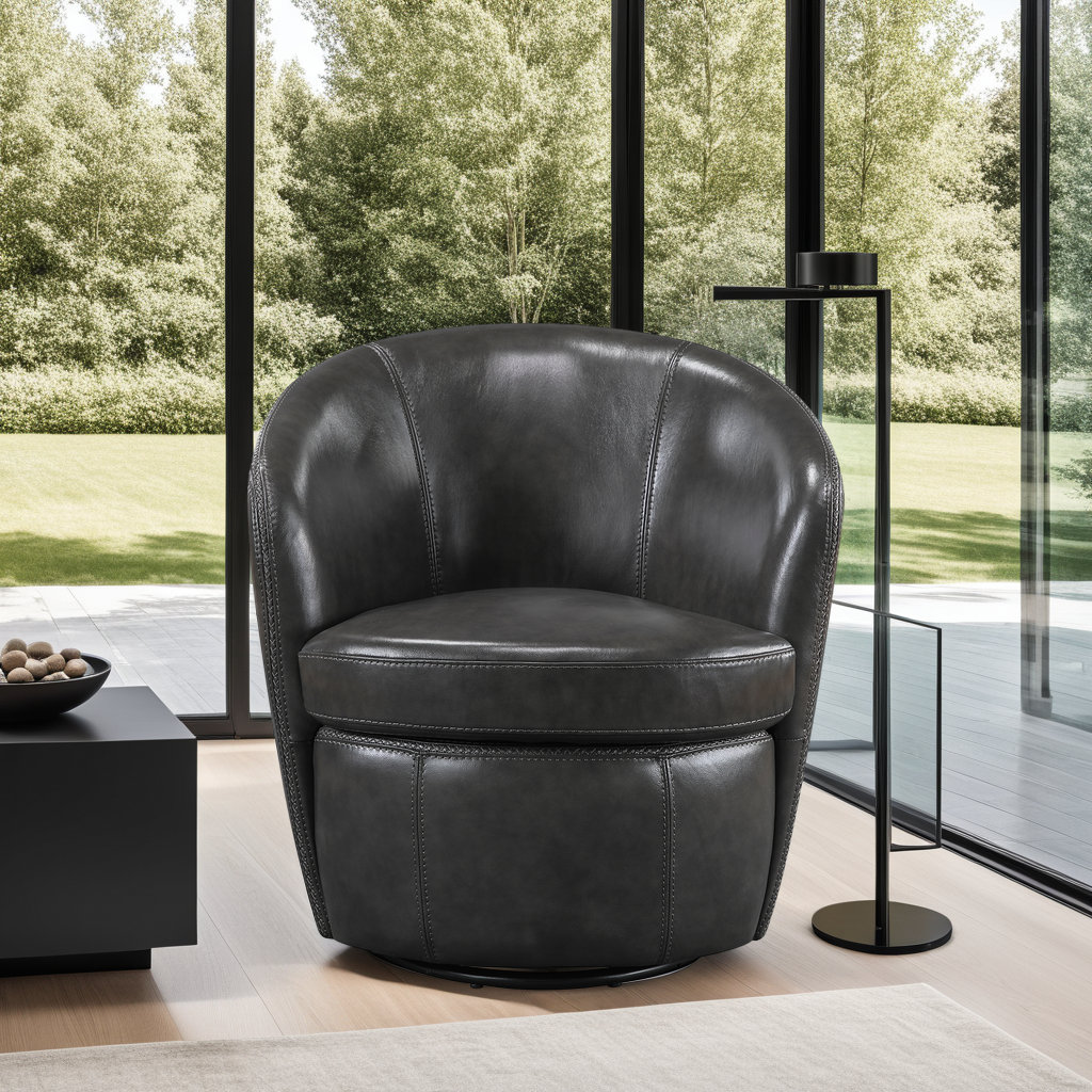 Ebern Designs Premium Leather Swivel Chair - 360° Rotating Barrel Back ...