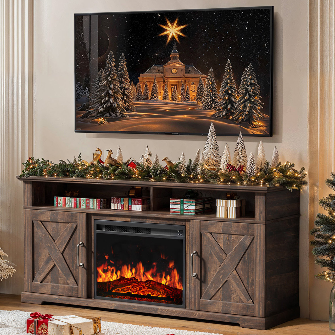 Gracie Oaks Kimblery 75" Fireplace TV Stand With Electric Fireplace ...
