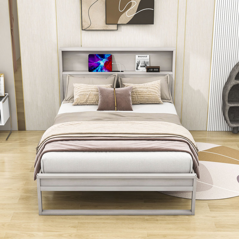 Latitude Run® Wooden Platform Bed with Storage Headboard, Socket and ...