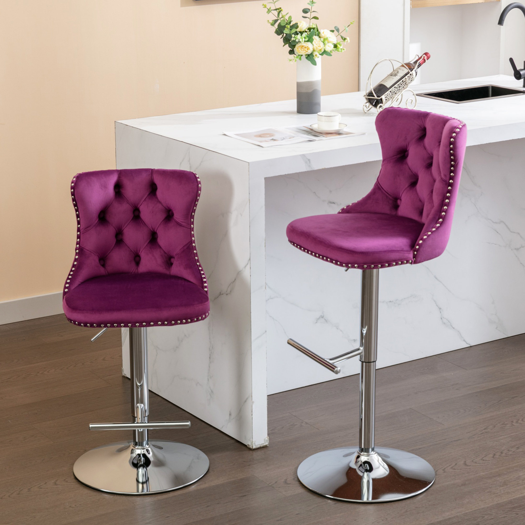 Latitude Run® Swivel Velvet Barstools Adjusatble Seat Height, Chrome ...