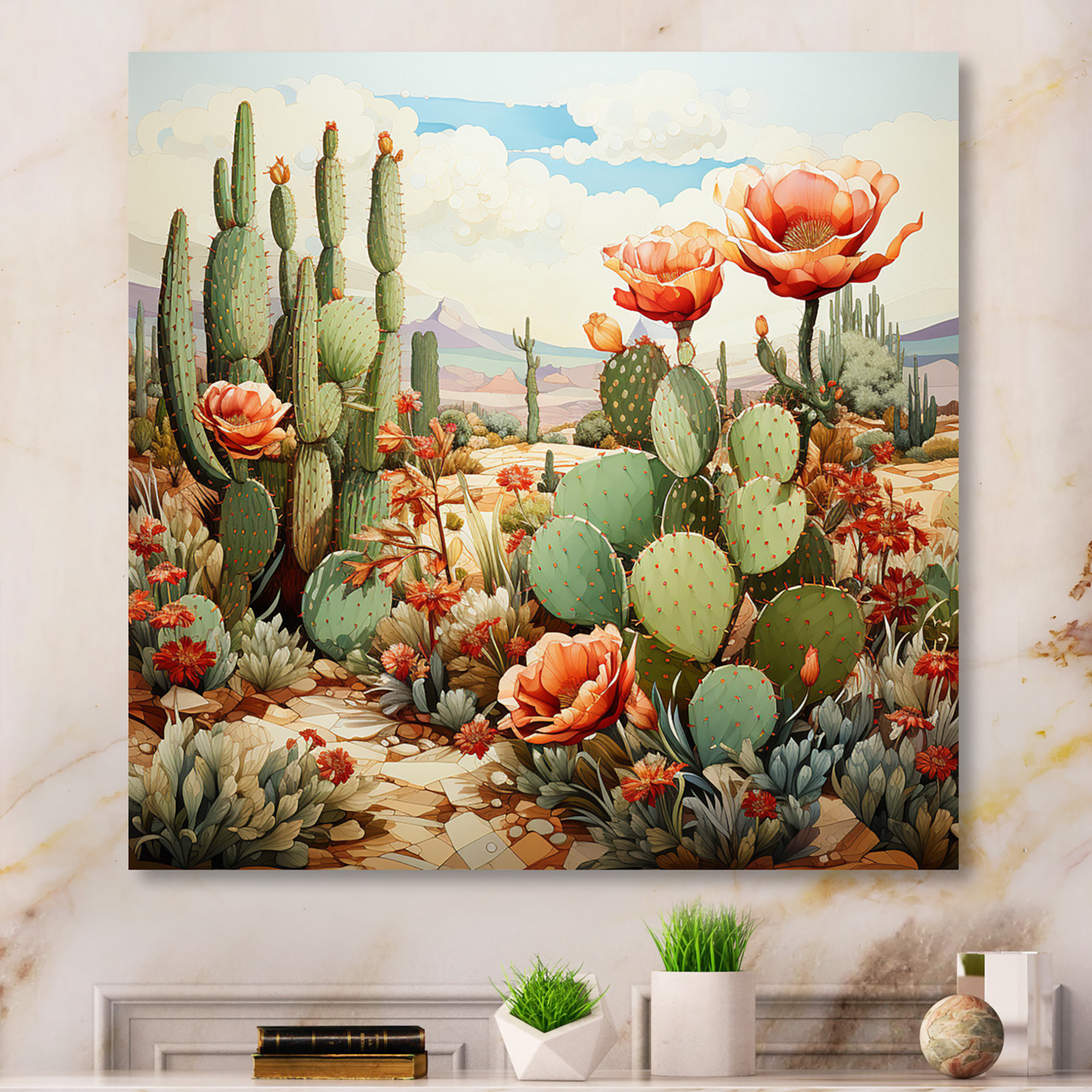 Bungalow Rose Coral Green Cactus Desert Blooms Pointillism III - Floral Print on Metal | Wayfair