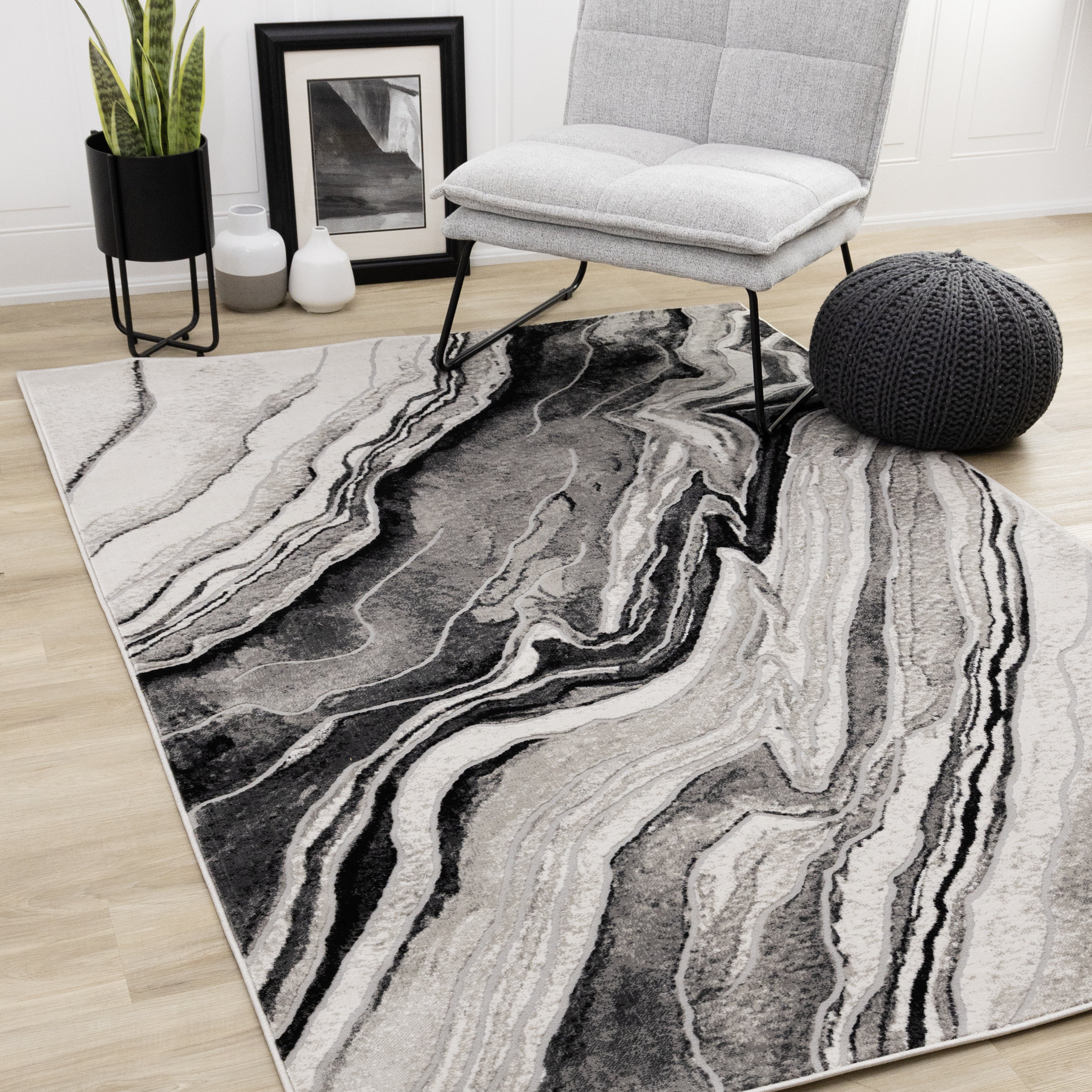 Ivy Bronx Ocossio Grey Black Modern Area Rug | Wayfair