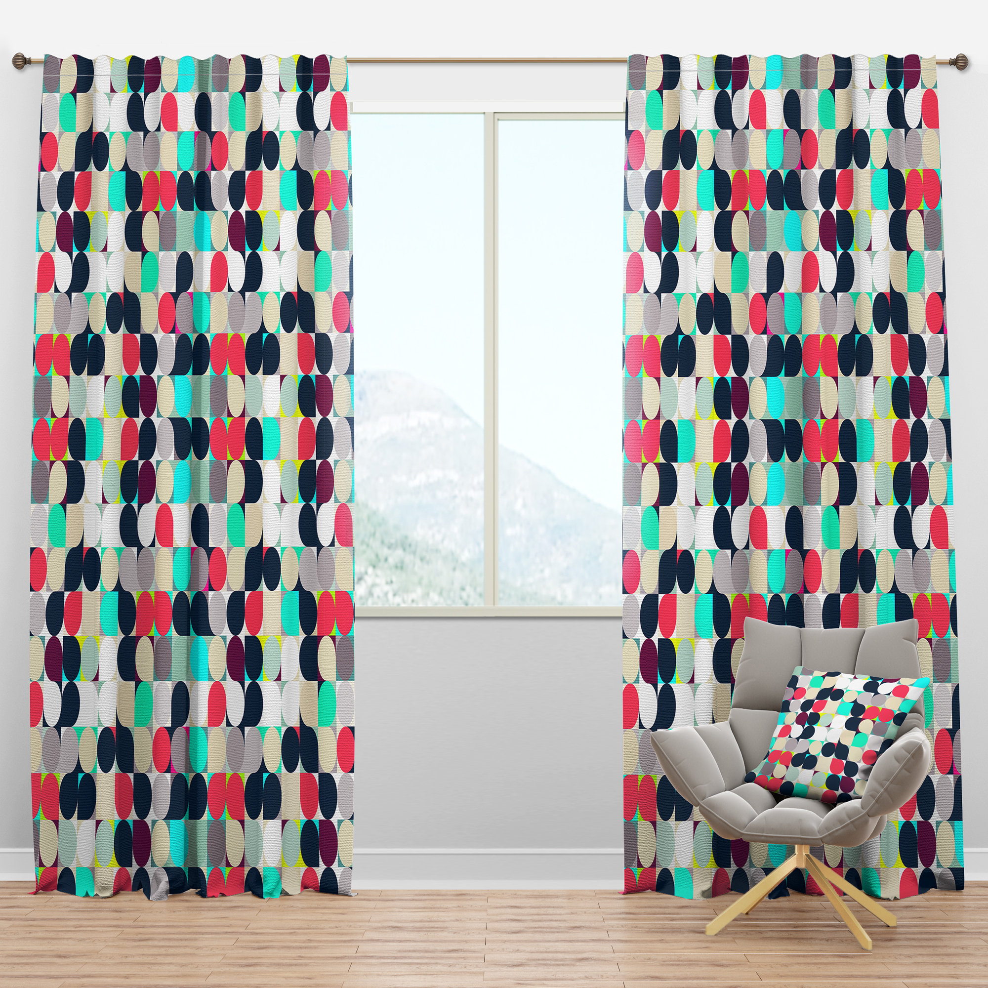 Design Art Mosaic retro colourful circles - Mid-Century Velvet Curtain ...