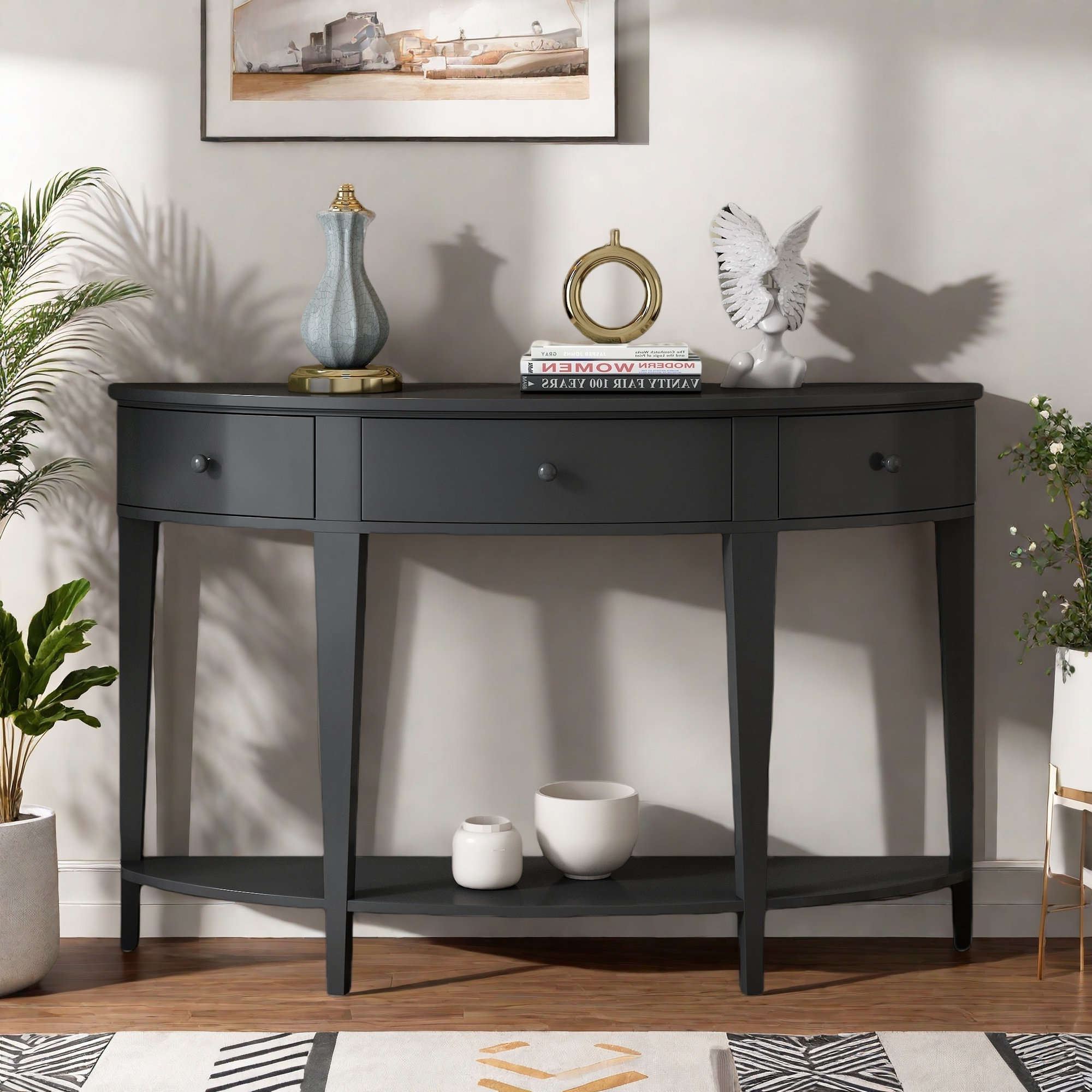 Lark Manor Modern Curved Console Table With 3 Drawers And 1 Shelf ...
