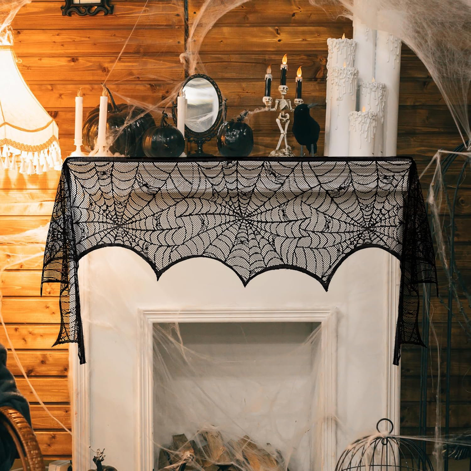The Holiday Aisle® Halloween Fireplace Scarf, Black Lace Spiderweb ...