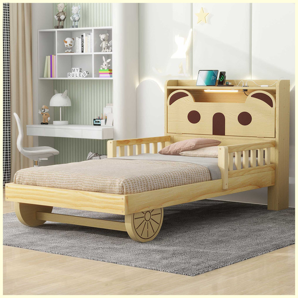 Zoomie Kids Modern Car Bed with Bear-Shaped Headboard, USB and LED ...